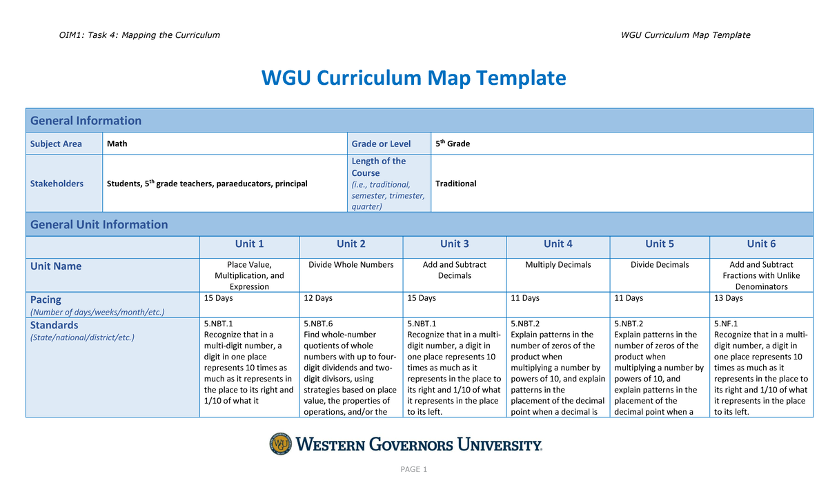 OIM1: Task 4 - 5th Grade Math Curriculum Mapping Template - Studocu