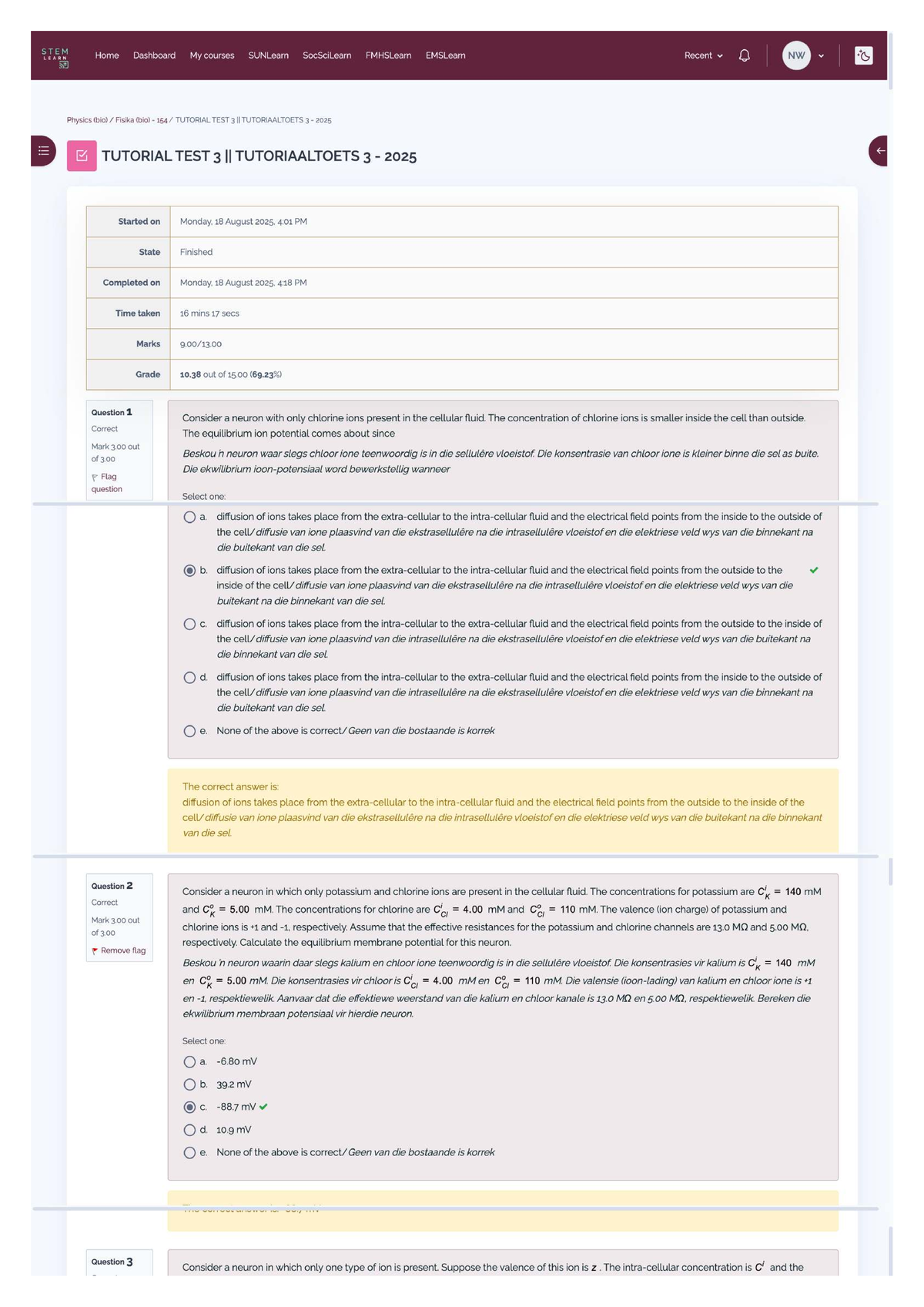 Tutorial Test 3: Physics (Bio) 154 - 2025 - Studocu