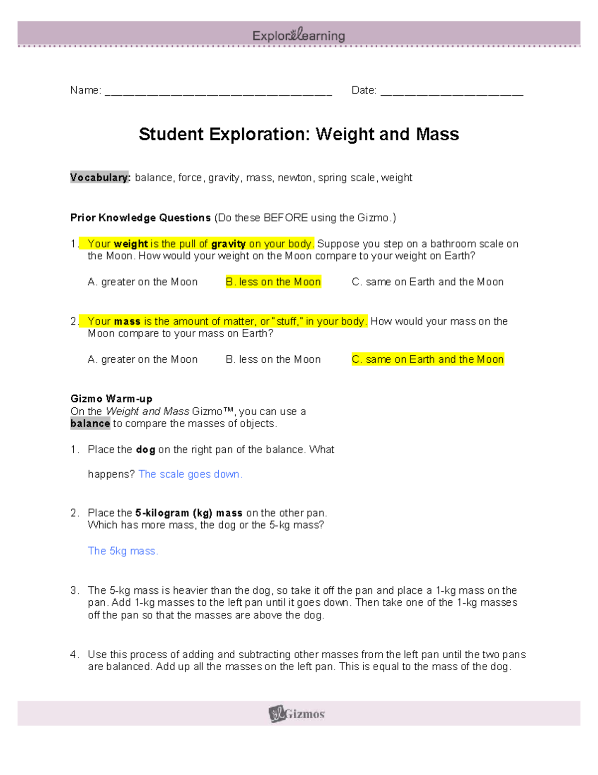 Weight and Mass Exploration: Gizmo Activity Guide - Studocu