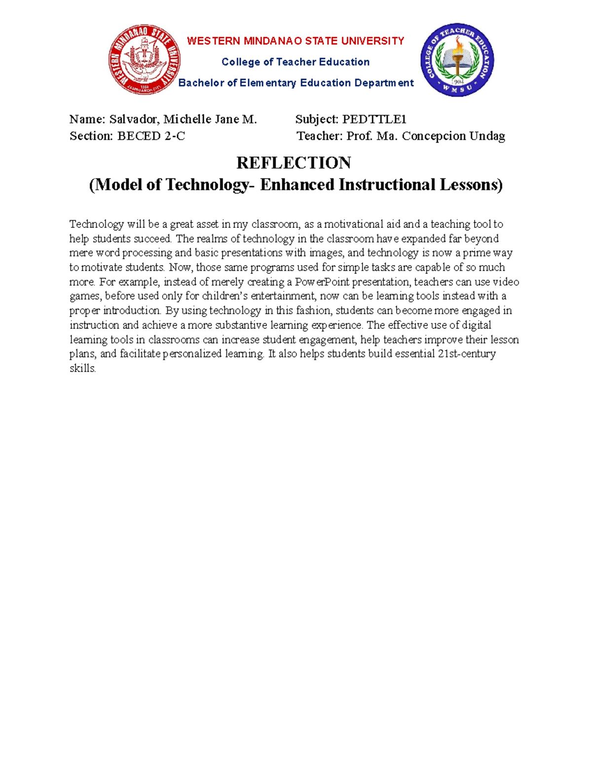 PEDTTLE BECED 2-C: Reflecting on Tech-Enhanced Instructional Lessons ...