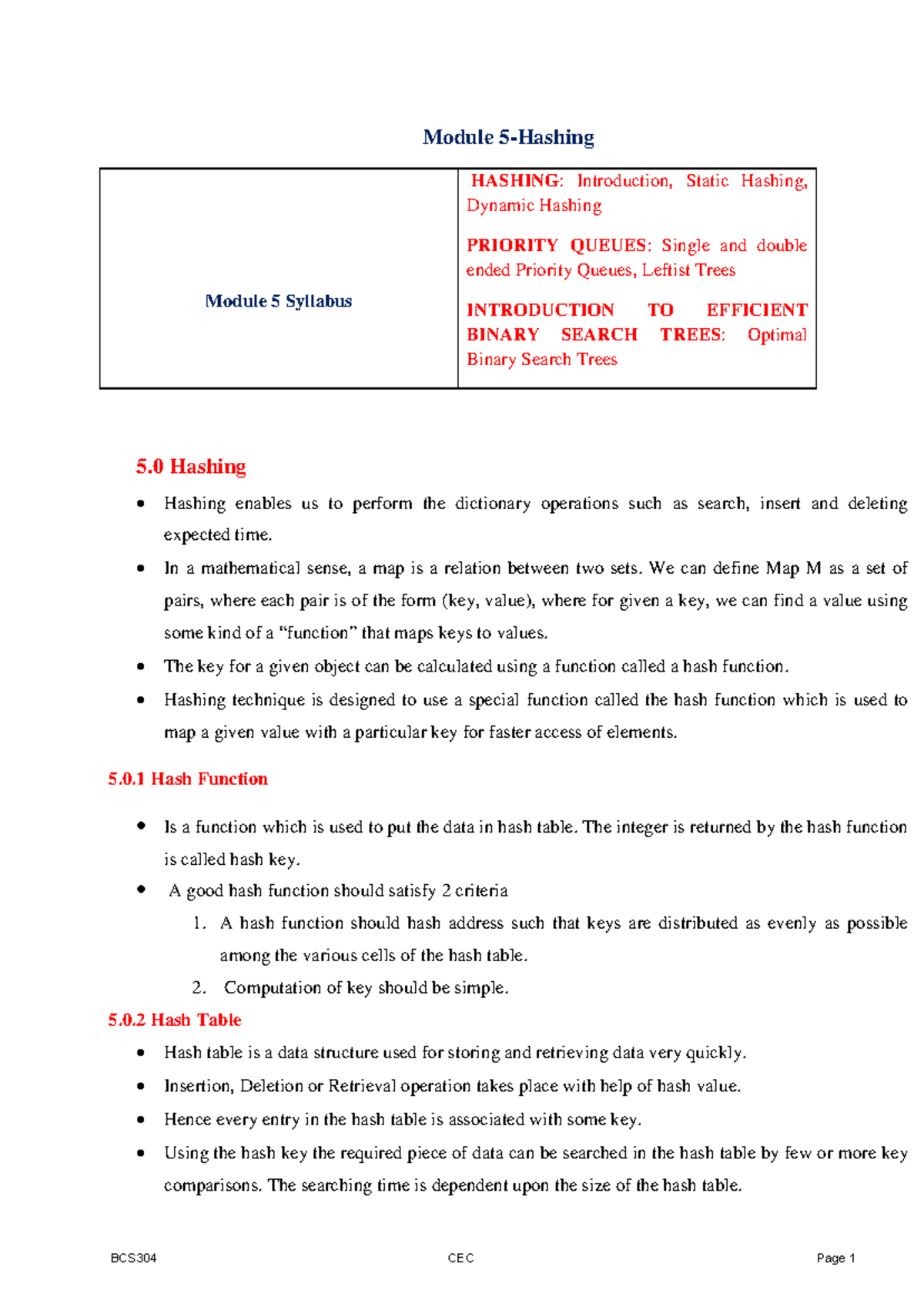DS Module 5 CEC - Module 5-Hashing Module 5 Syllabus HASHING: Introduction, Static Hashing ...