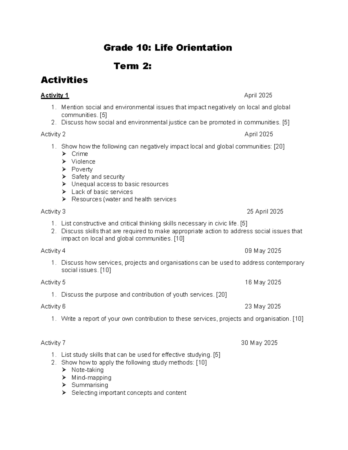 Grade 10 LO Term 2 Activities: Social Issues & Study Skills Guide - Studocu