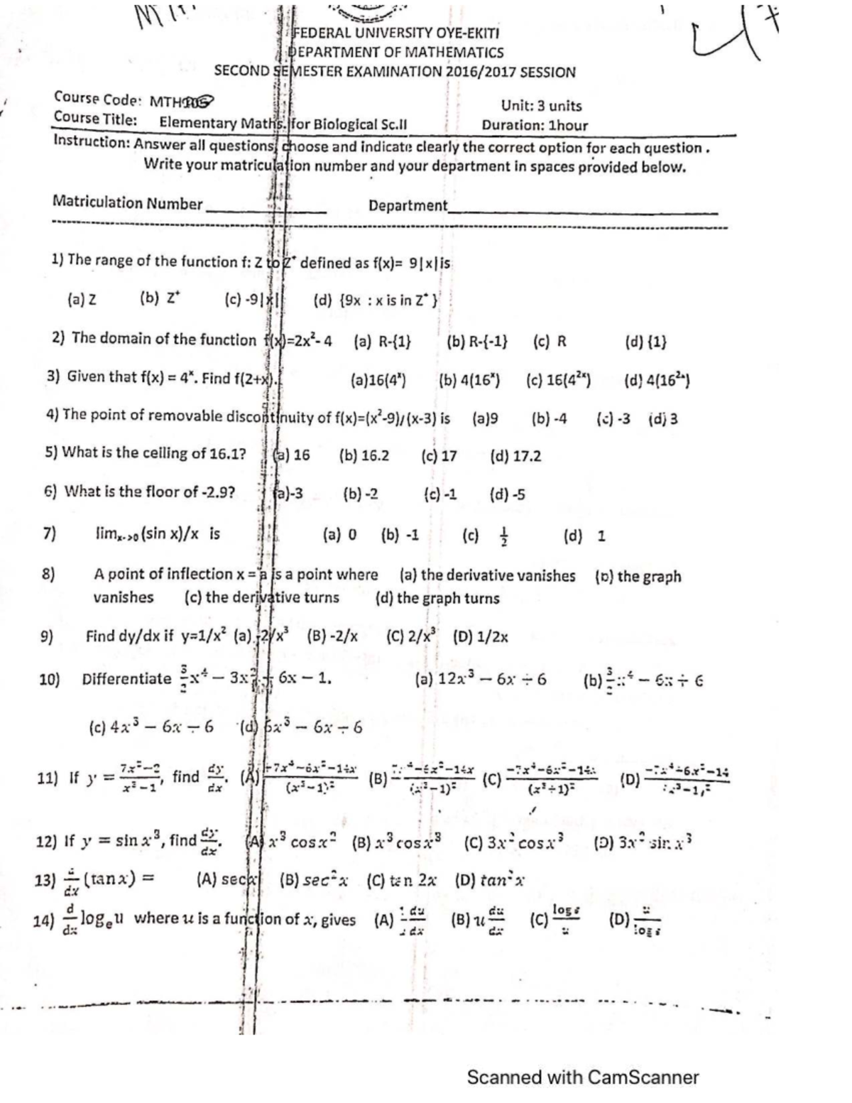 MTH 102 Past Exam Questions for Elementary Maths in Biology - Studocu
