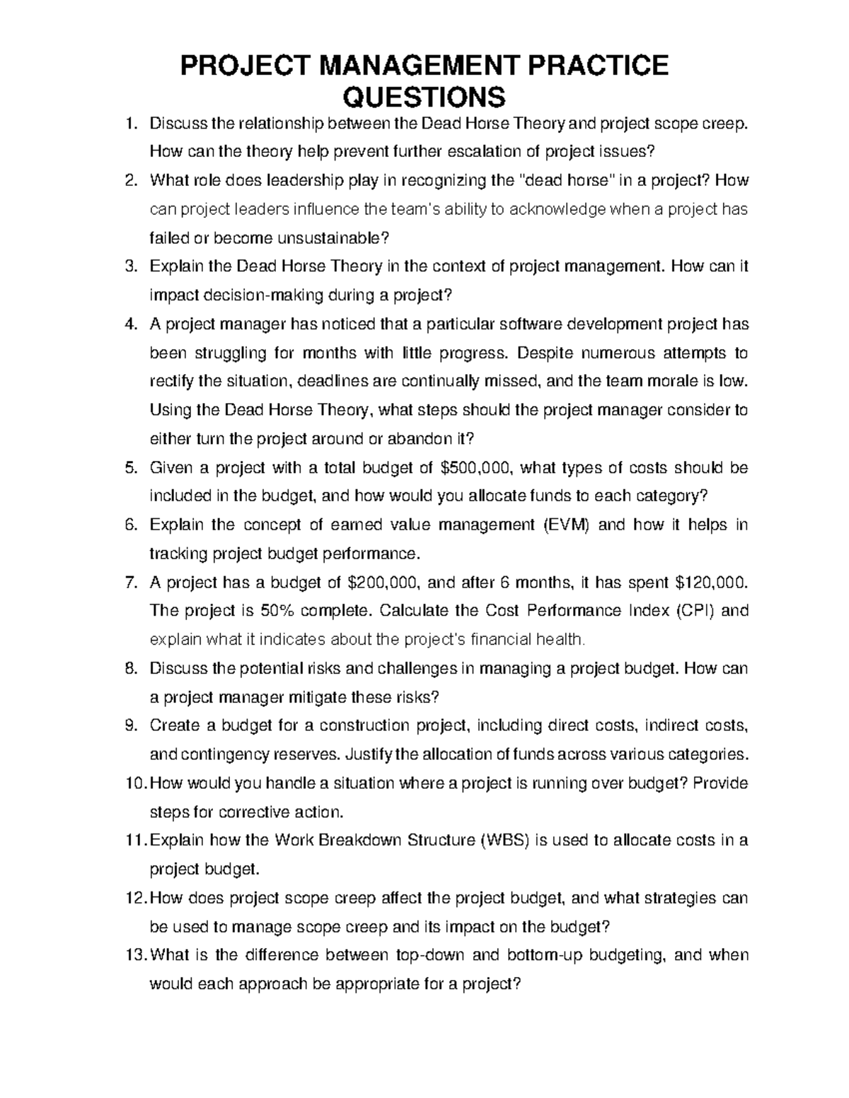 PROJECT MANAGEMENT PRACTICE QUESTIONS REVISION 2025 - Studocu