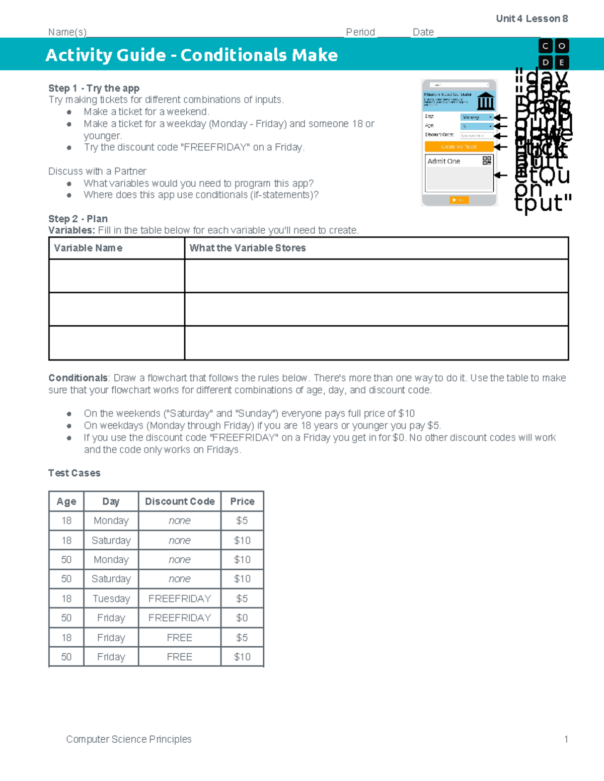 Activity Guide for Conditionals - CS Principles Unit 4 Lesson 8 - Studocu