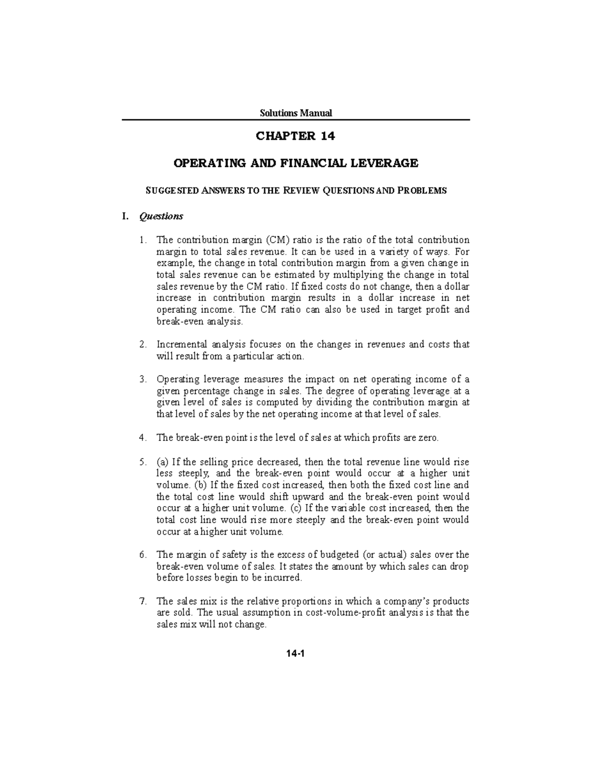 353953034 Chapter 14 Solutions Manual: Operating and Financial Leverage ...