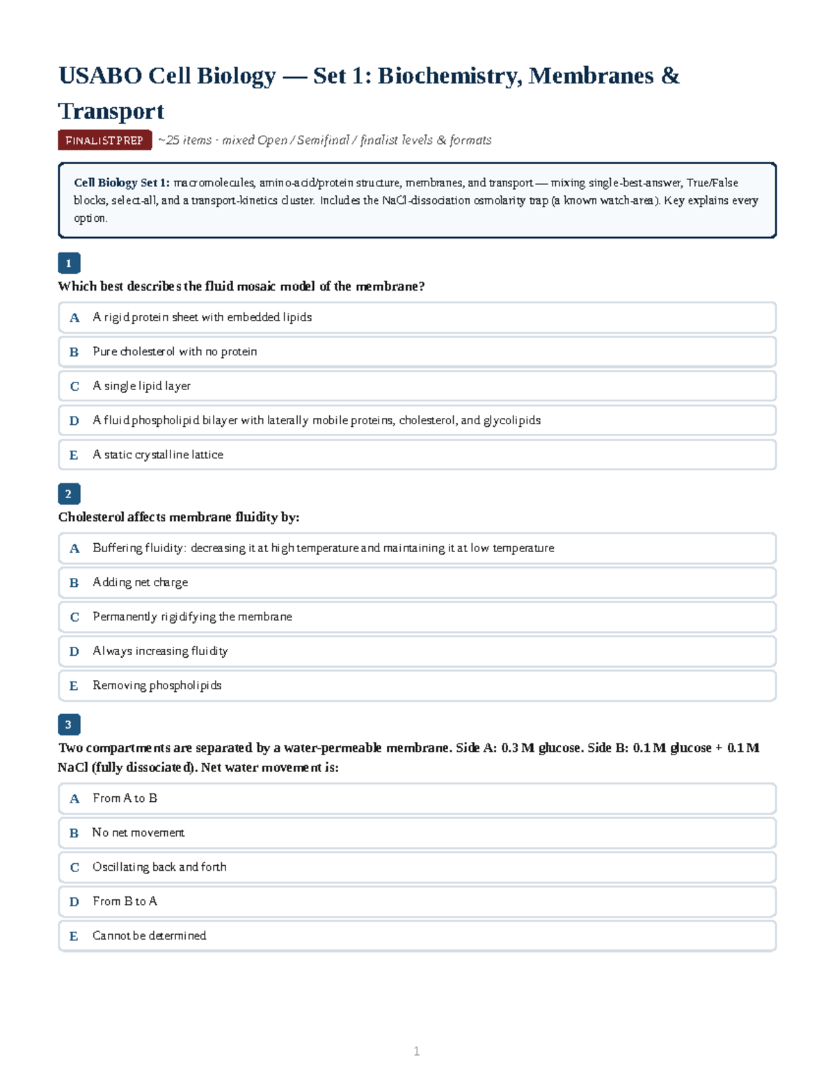 USABO Cell Biology Set 1: Membrane Transport & Biochemistry Review ...