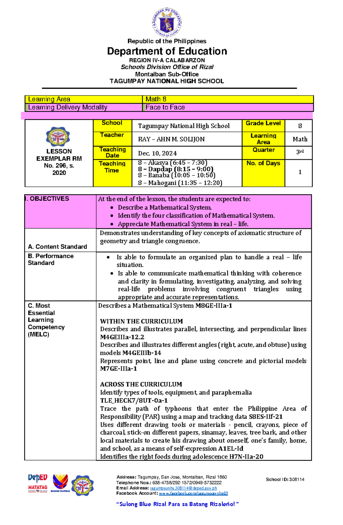 Final Lesson Exemplar on Mathematical Systems for Math 8 - Studocu