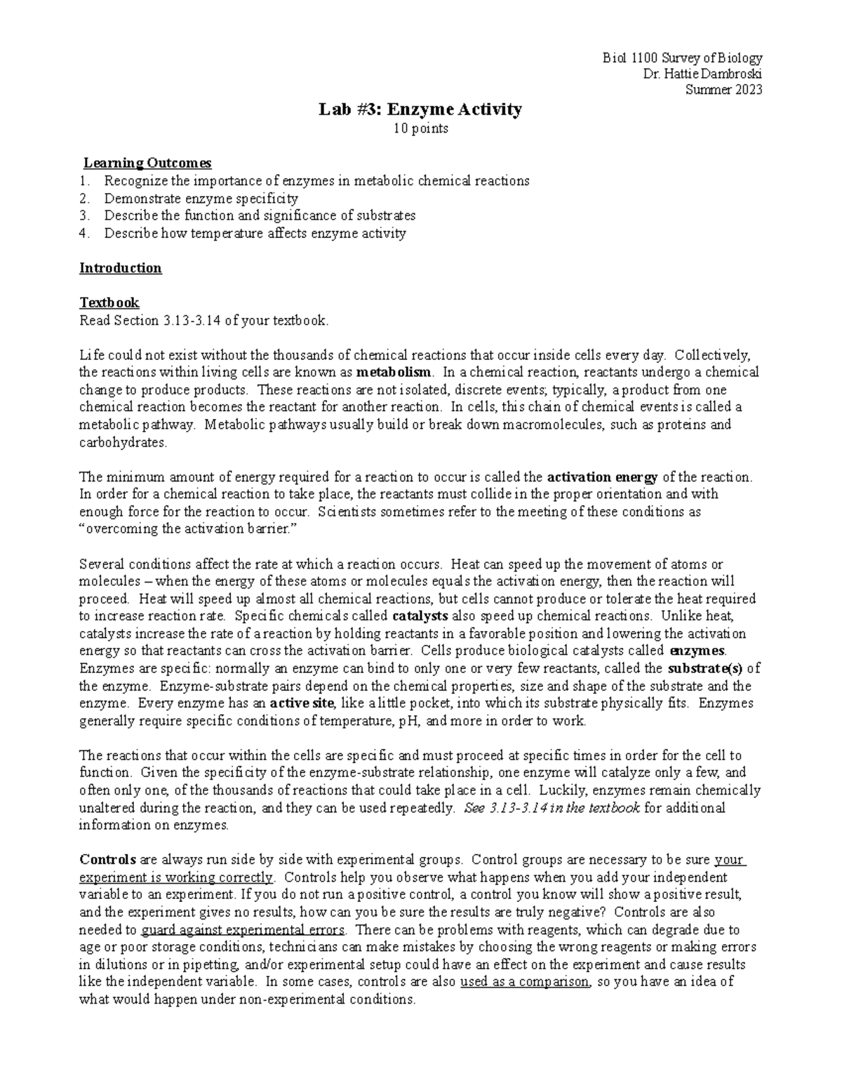 Biol 1100 Lab 3: Exploring Enzyme Activity and Specificity - Studocu