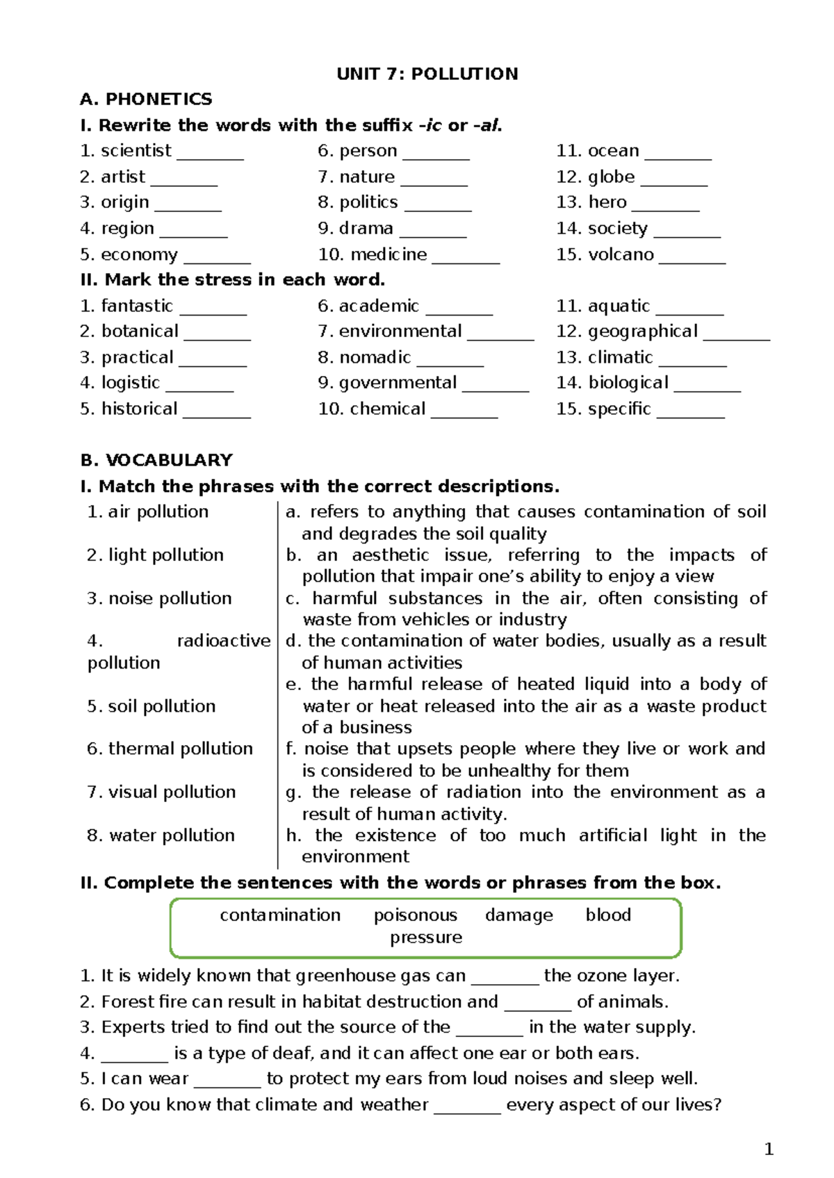 Unit 7: Pollution - Phonetics and Vocabulary Exercises for Global ...