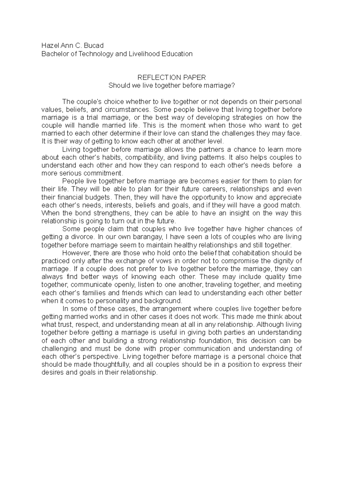 Reflection Paper: Cohabitation Before Marriage in Family Life - Studocu