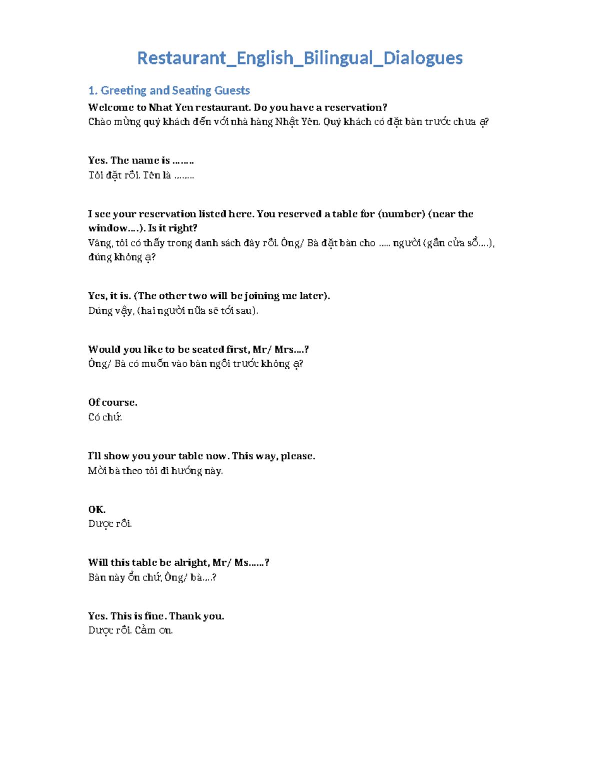 Restaurant English Bilingual Dialogues: A Practical Guide - Studocu