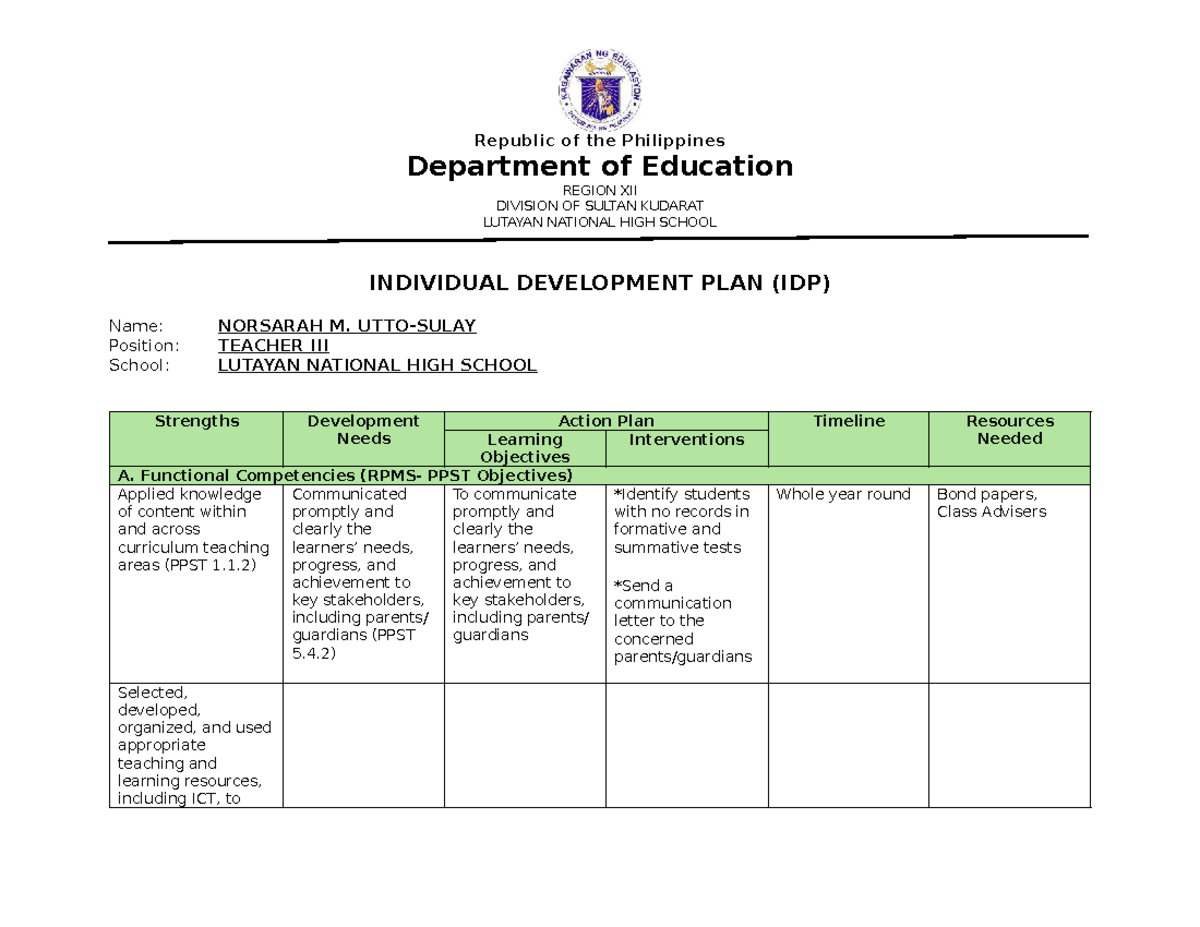 Individual Development Plan (IDP) 2024 for Norsarah M. Teacher - Studocu
