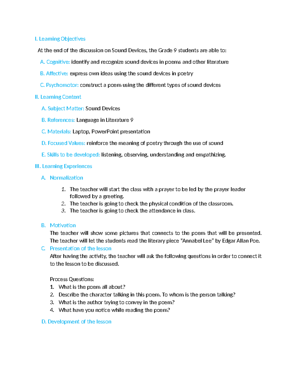 Grade 9 Lesson Plan: Exploring Sound Devices in Poetry - Studocu