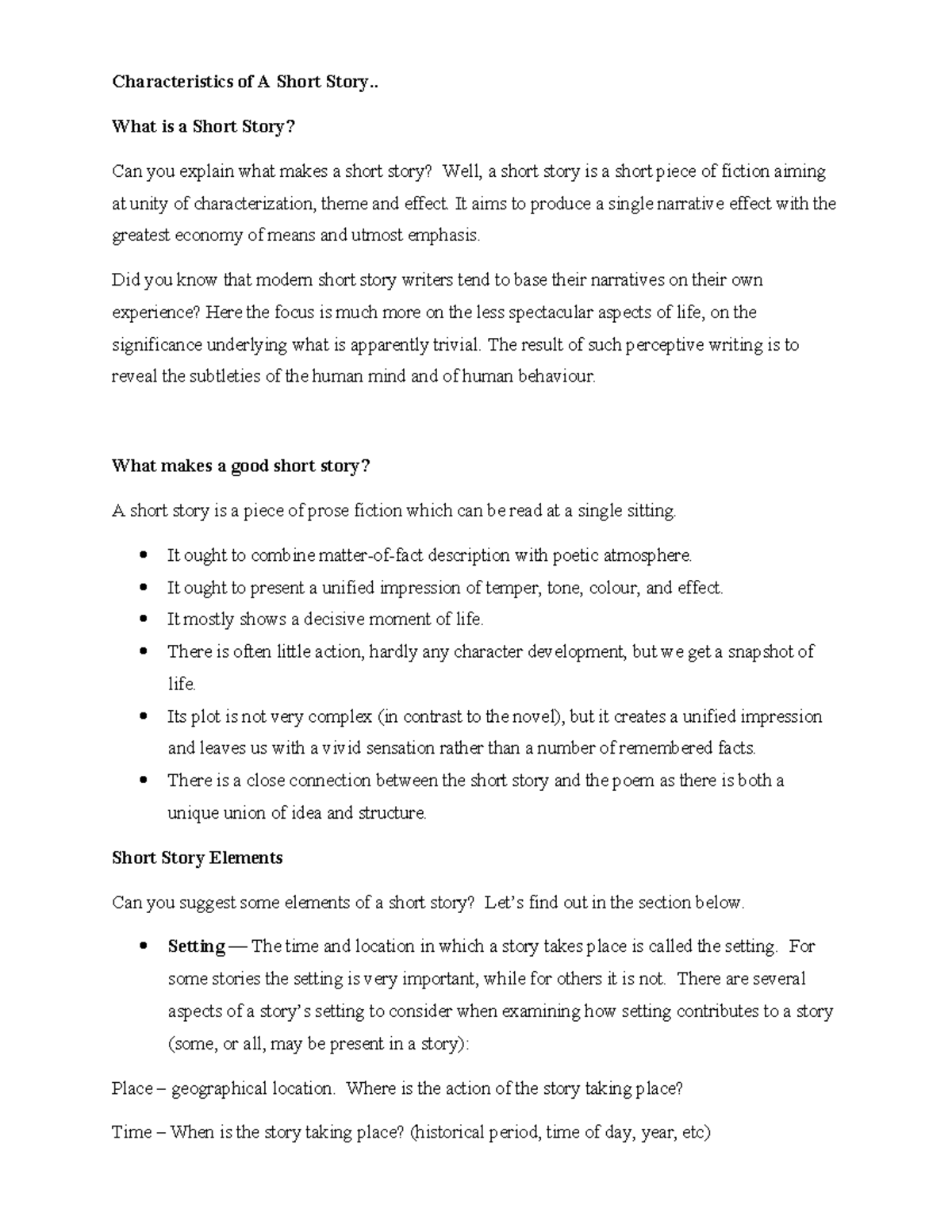 Characteristics of a Short Story: Key Elements Explained - Studocu