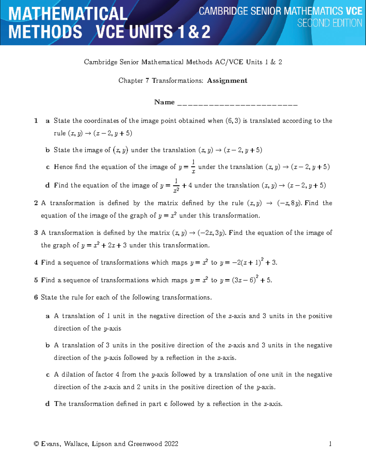 Transformations: Chapter 7 Assignment Answers - Maths AC/VCE Units 1 ...