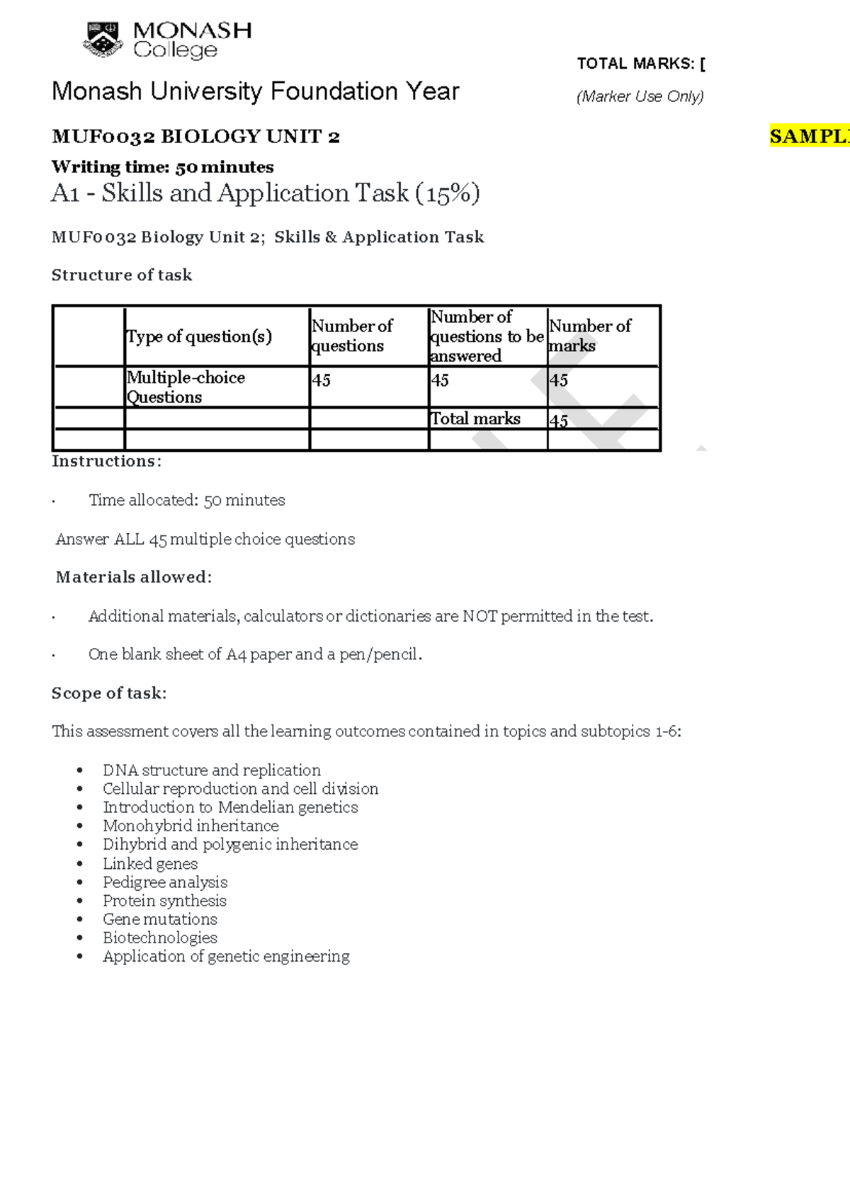 SAT multiple choice questions for MUF0032 biology unit 2 - Studocu
