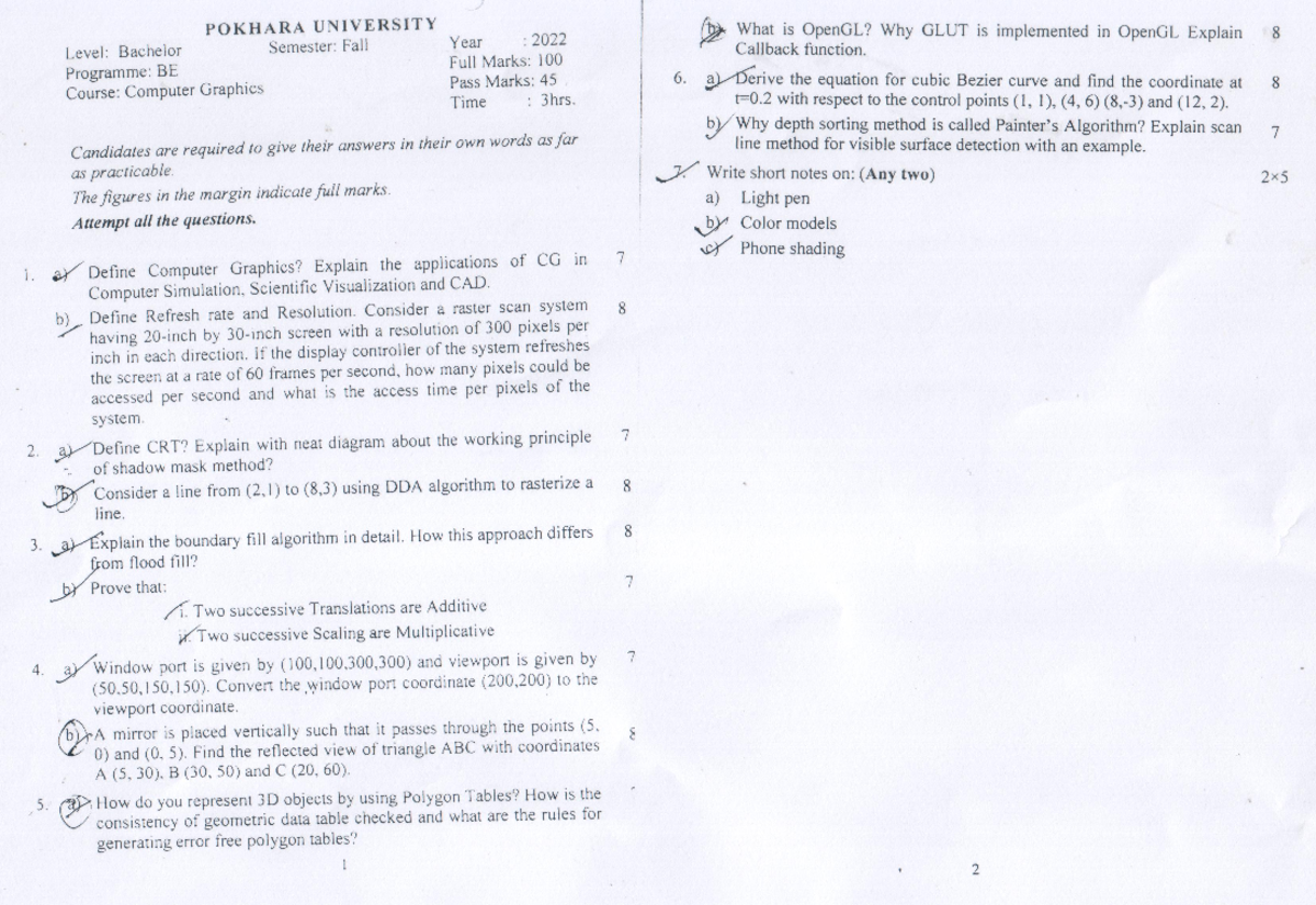 CG-22 Fall - Past Year Questions on Computer Graphics - Studocu