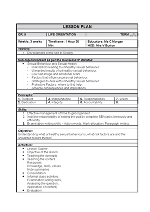 [Solved] GRADE R LESSON PLAN Term TWO Theme Number and operations Topic ...