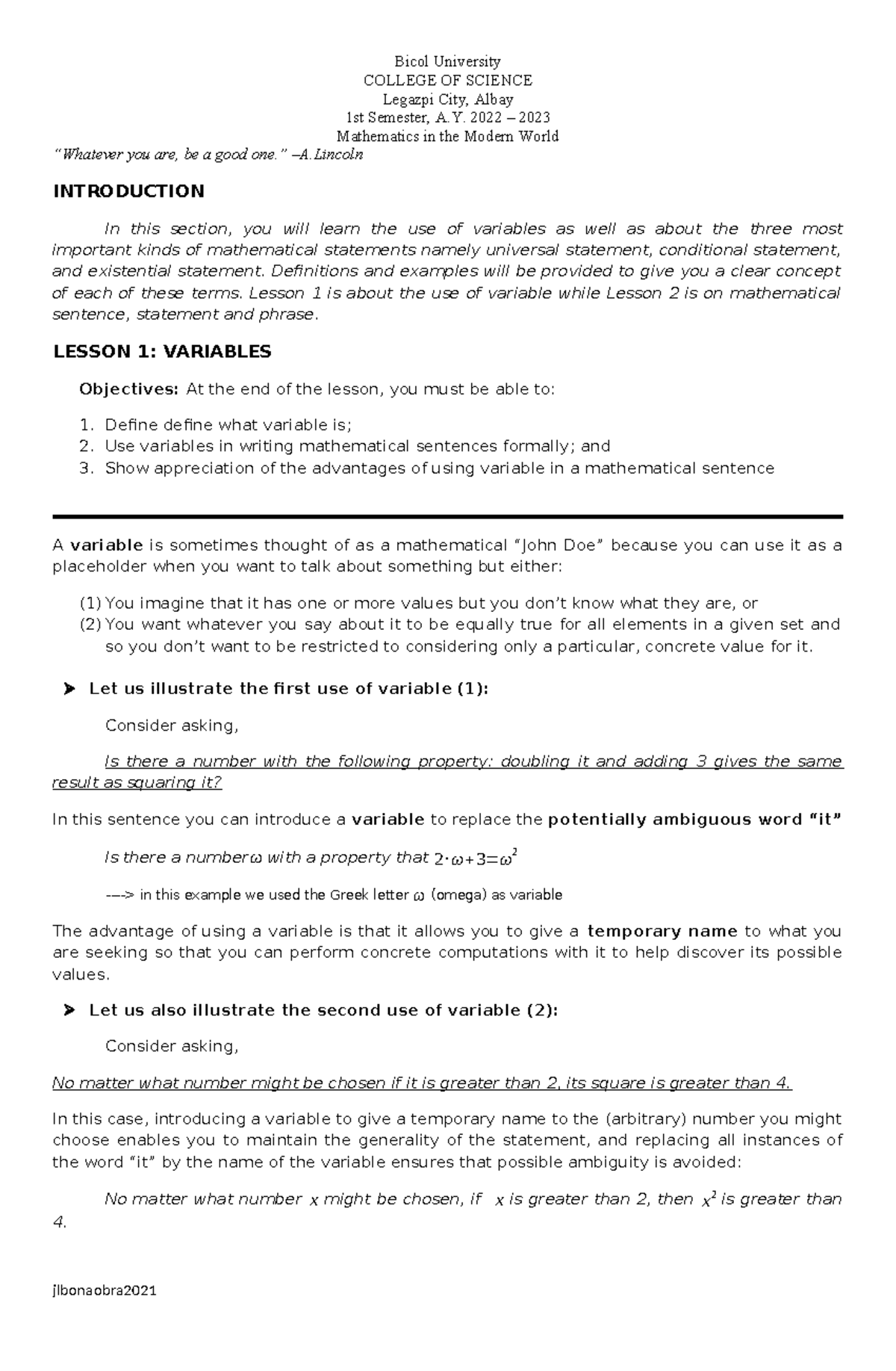 SLM1 - Speaking Mathematically: Understanding Variables and Statements ...