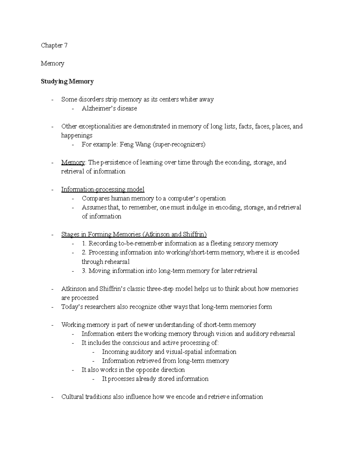 Chapter 7: Memory Processes and Theories in Psychology - Chapter 7 Memory Studying Memory Some ...