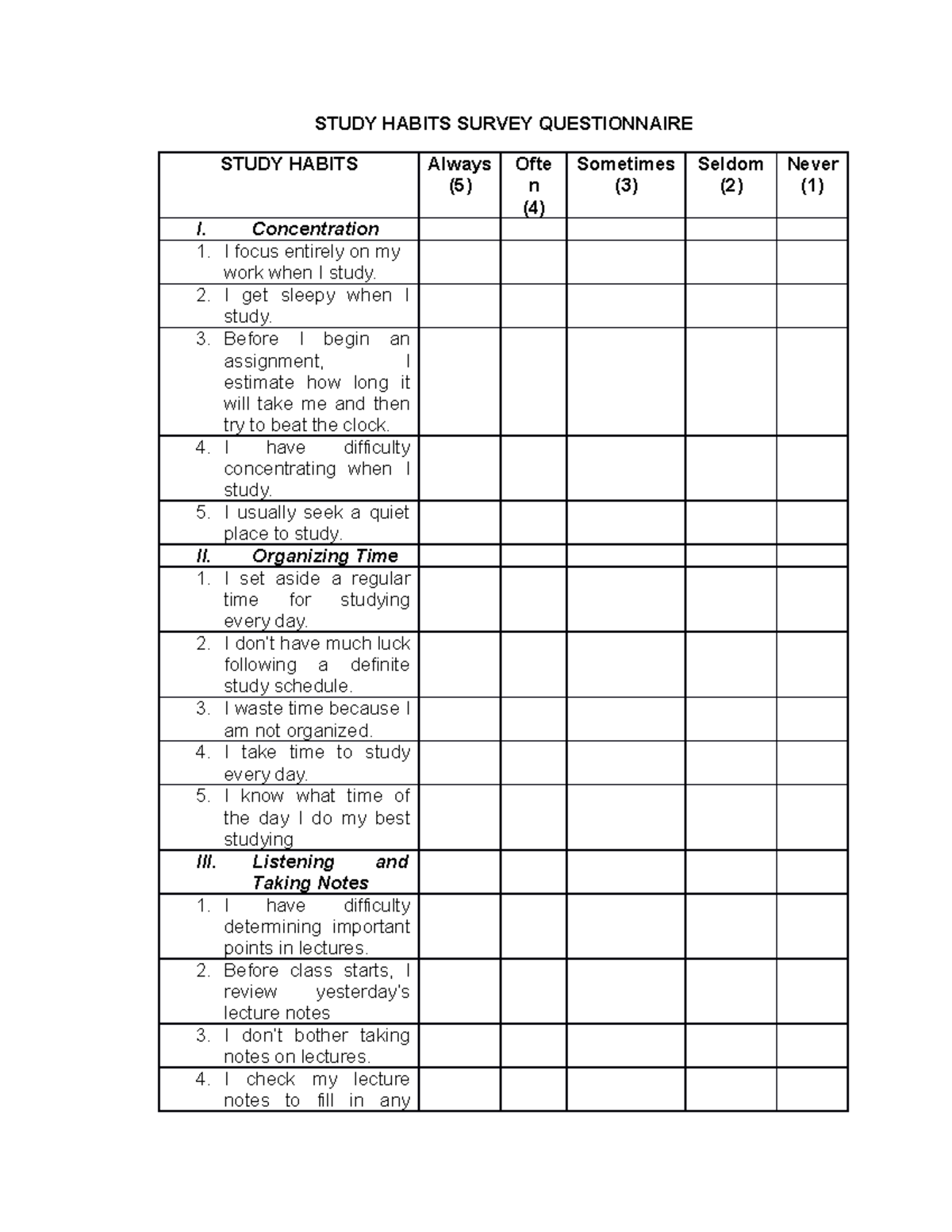 Study Habits Survey Questionnaire Insights Tools - Studocu