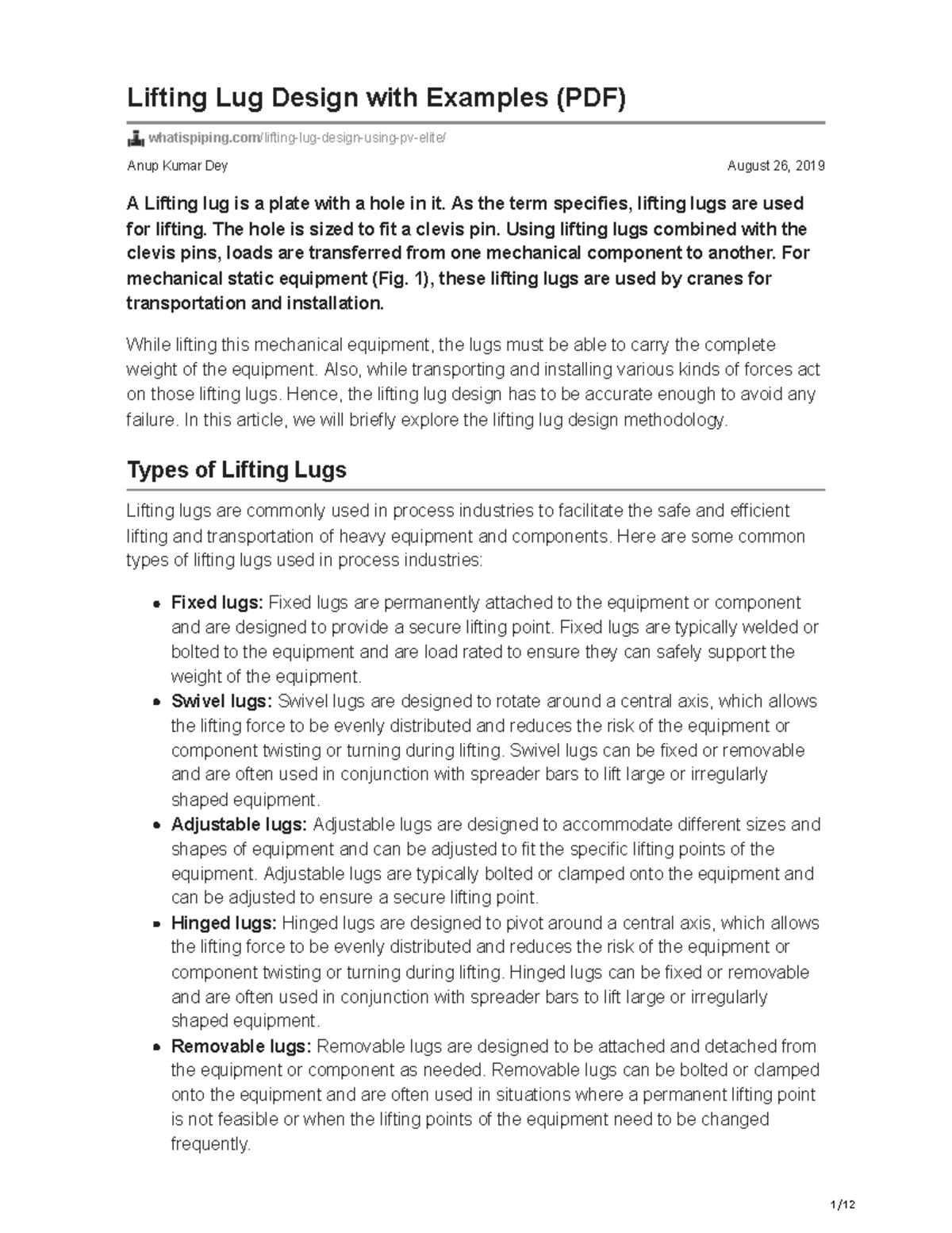 Lifting Lug Design Methodology with Examples - Engineering Guide PDF ...