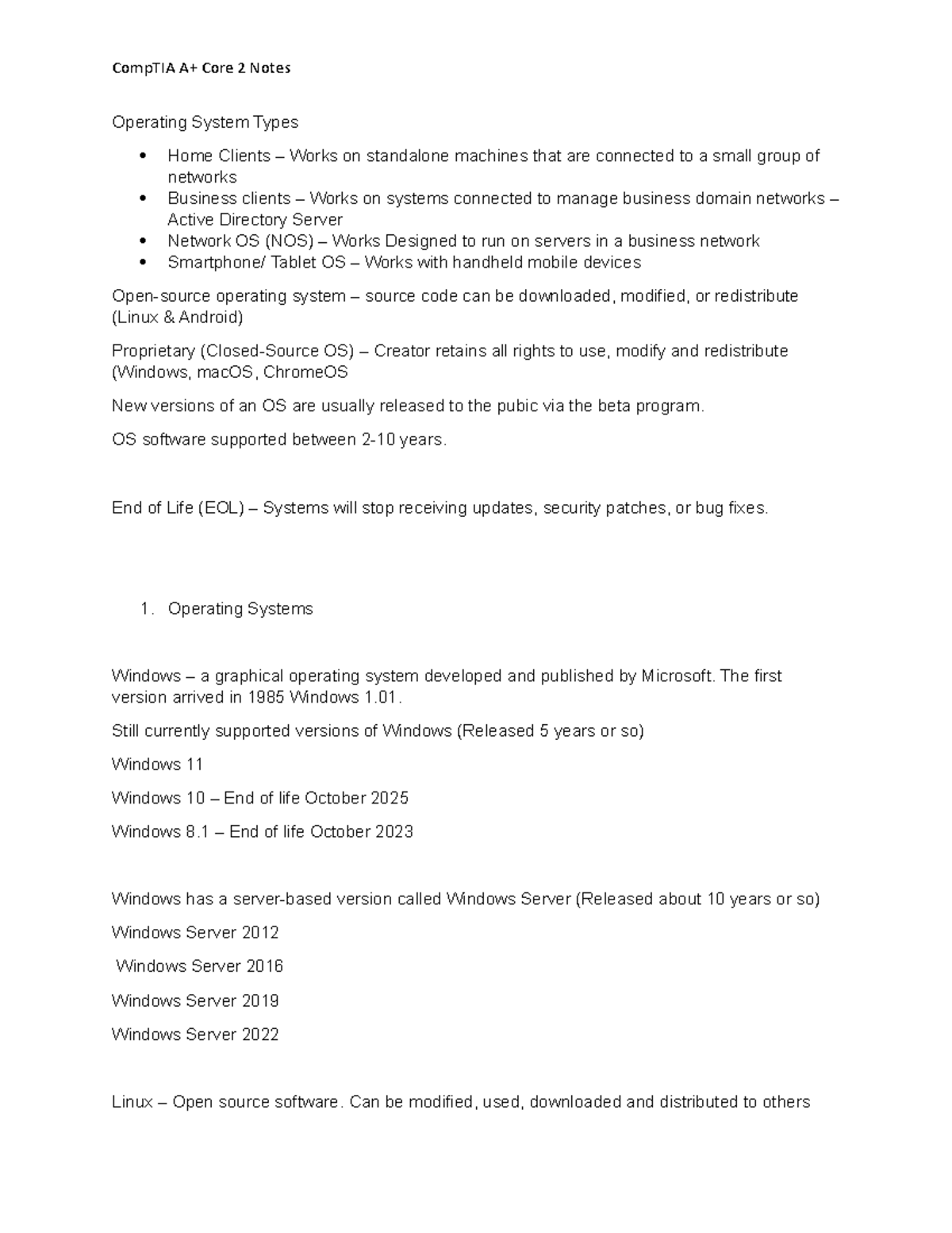 CompTIA Core 2 Exam Notes: Operating Systems Overview and Tools - Studocu