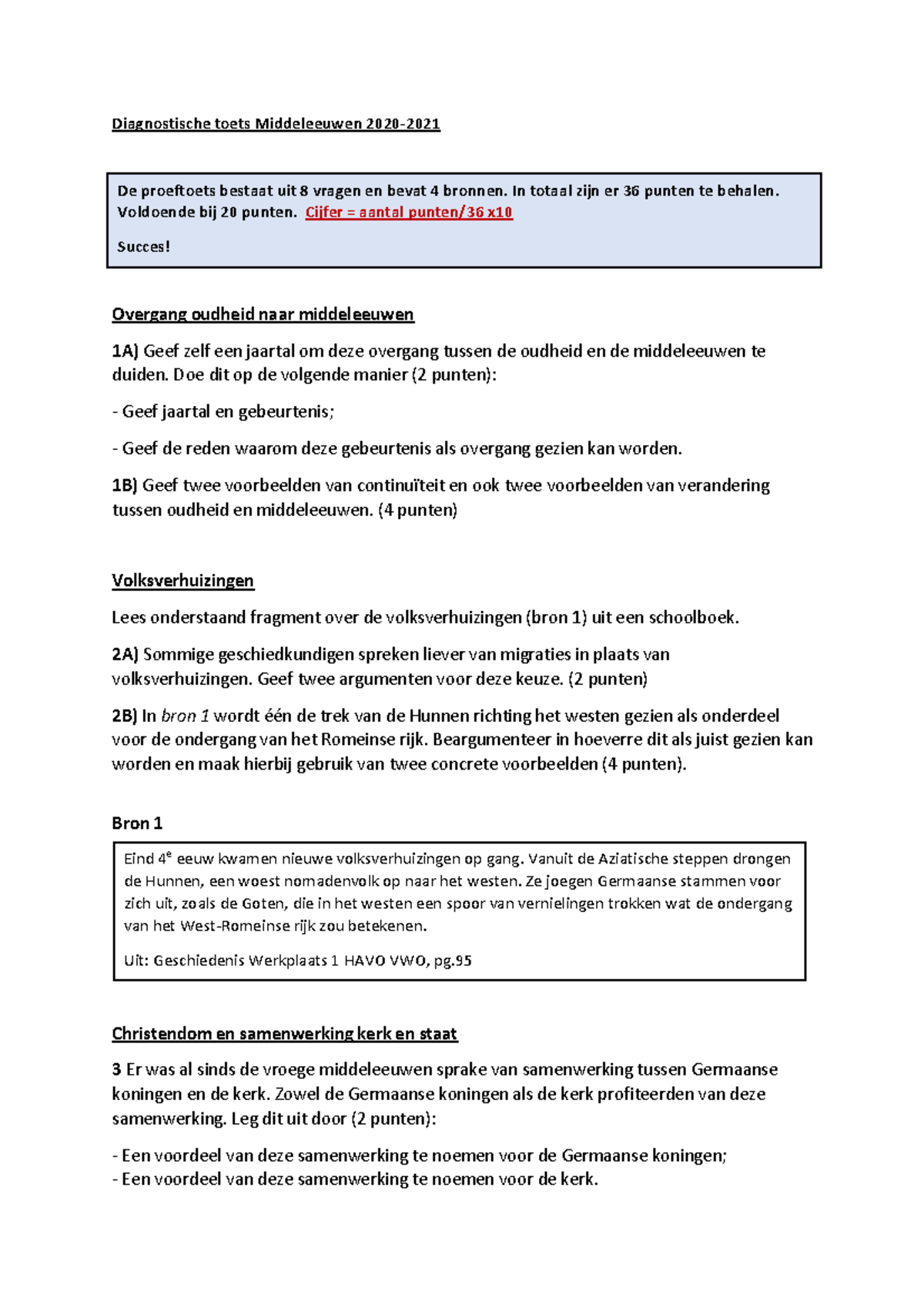 Diagnostische toets Middeleeuwen 2020-2021 - Toets 1 - Studeersnel