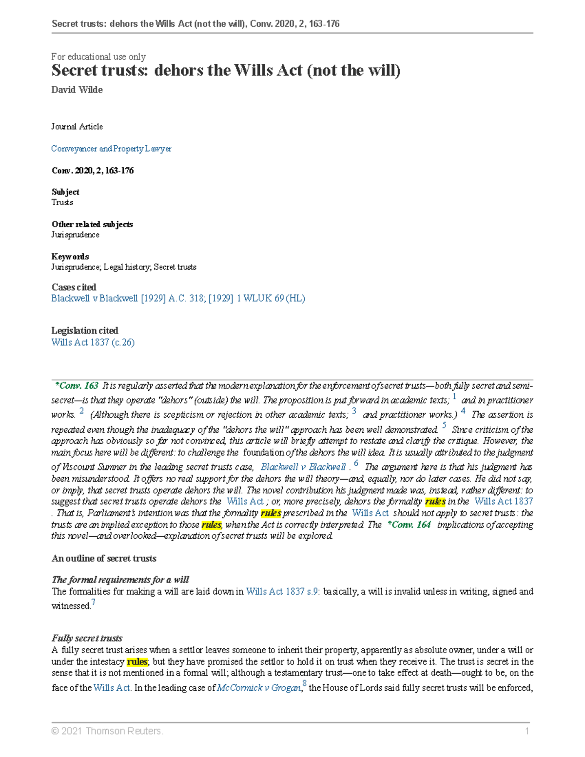 Secret trusts dehors the Wills Act (not the will) - For educational use ...