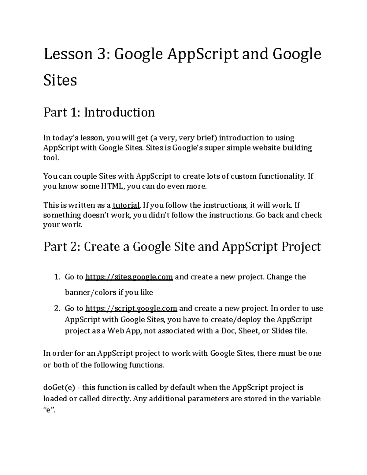 Lesson 3: Intro to Google AppScript & Google Sites Integration - Studocu