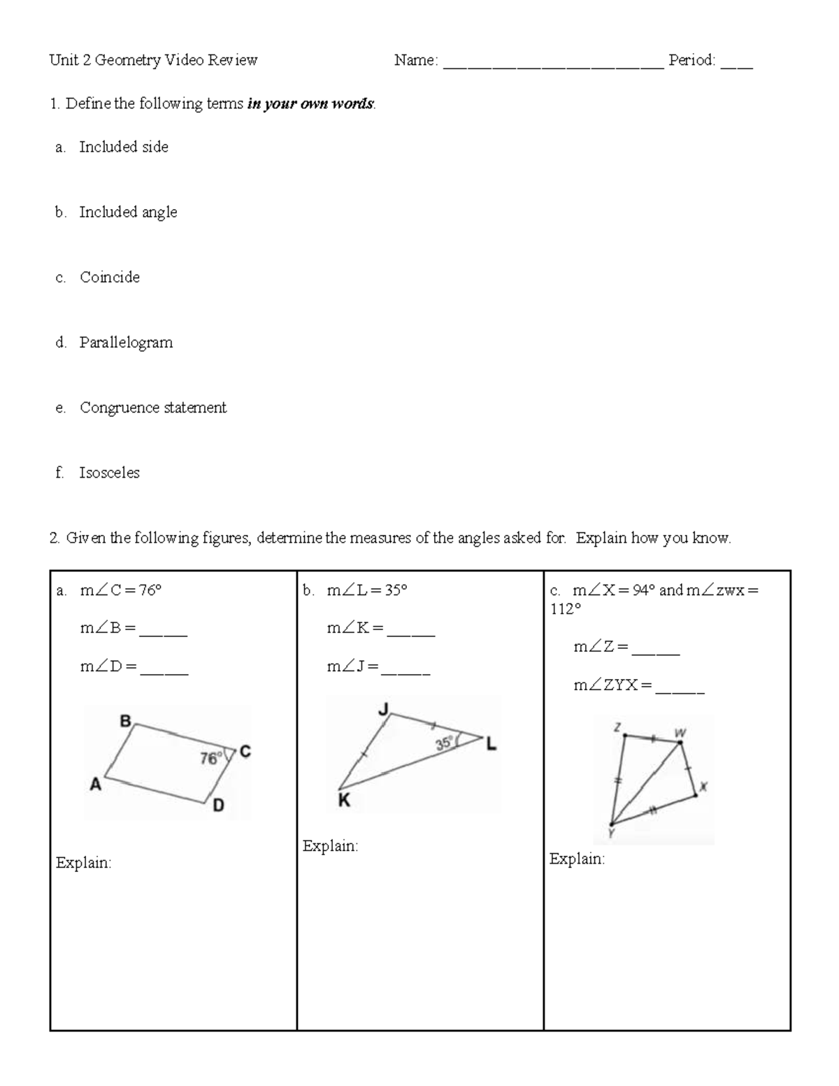 Unit 2 Geometry Video Review: Triangle Congruence & Terms - Studocu