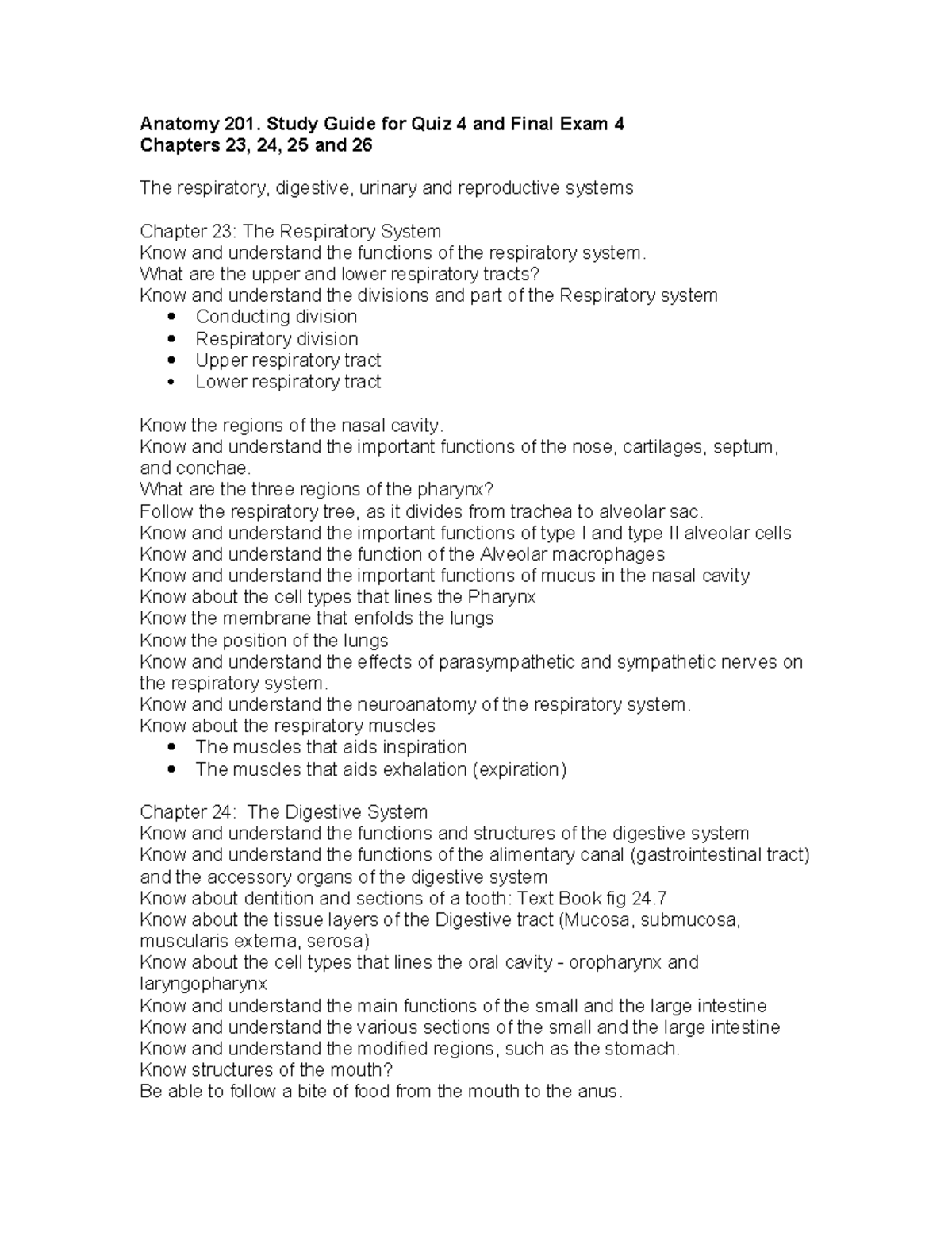 Anatomy 201 Study Guide: Quiz 4 & Final Exam (Chapters 23-26) - Studocu