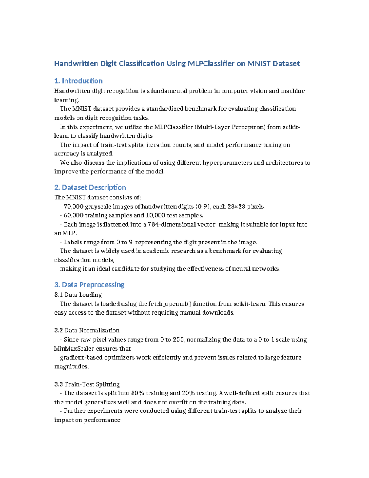 MLP Mnist Report-2 - JHGUYG - Handwritten Digit Classification Using MLPClassifier on MNIST ...