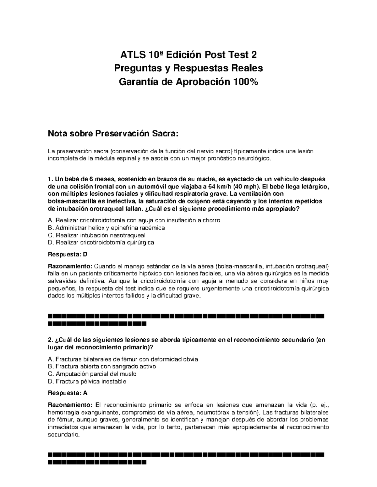 ATLS 10ª Edición: Post Test 2 - Preguntas y Respuestas Críticas - Studocu