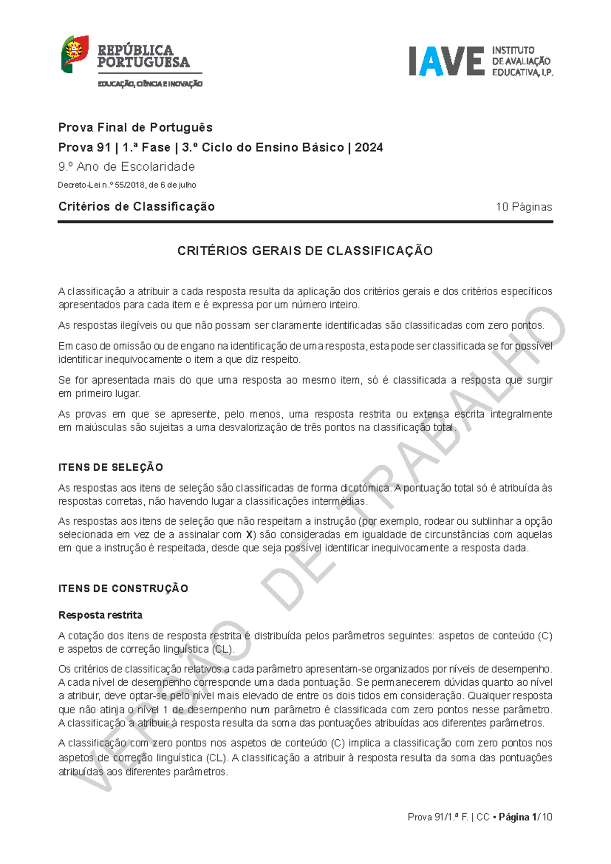 Critérios de Correção Prova Final Português 9.º Ano - 2024 - Studocu
