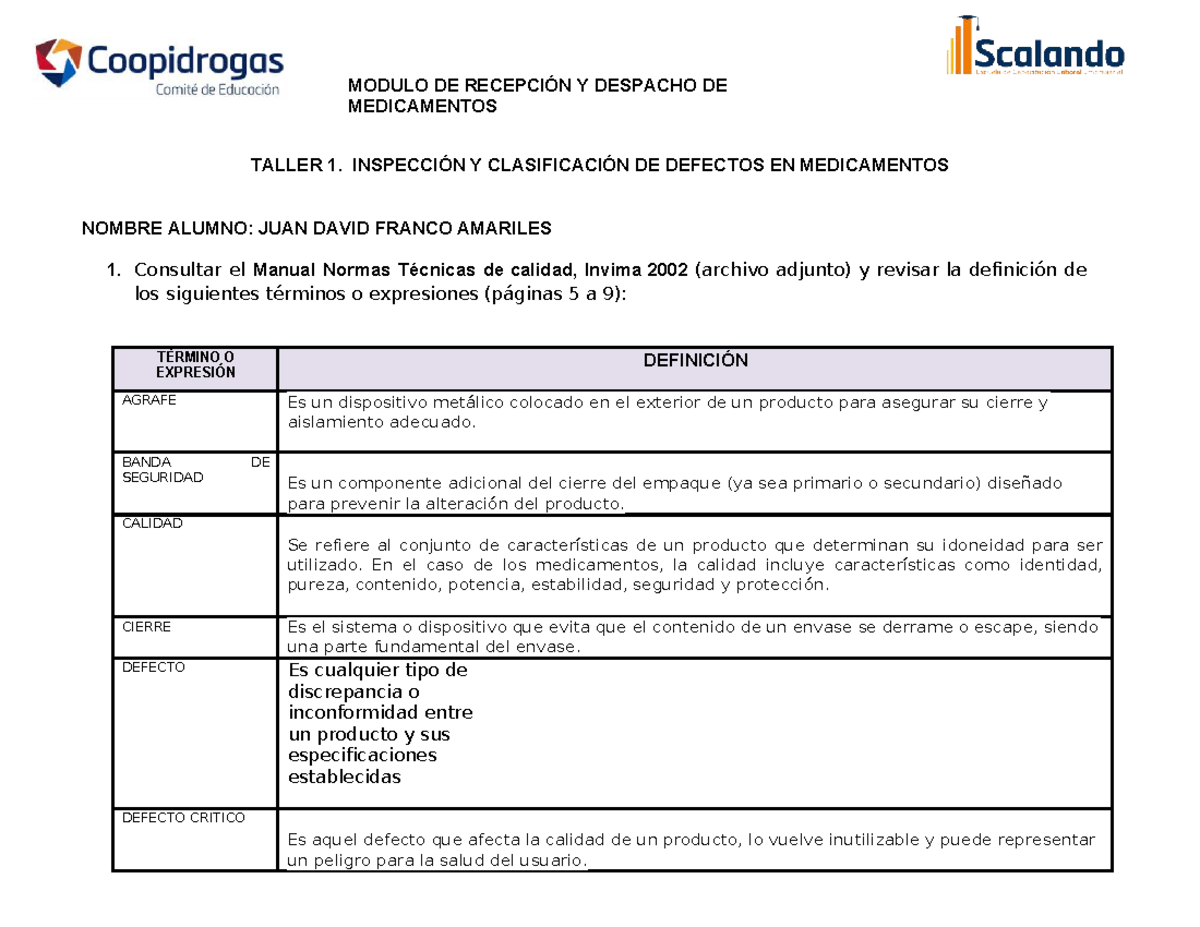 Taller 1: Inspección y Clasificación de Defectos en Medicamentos - ALN ...