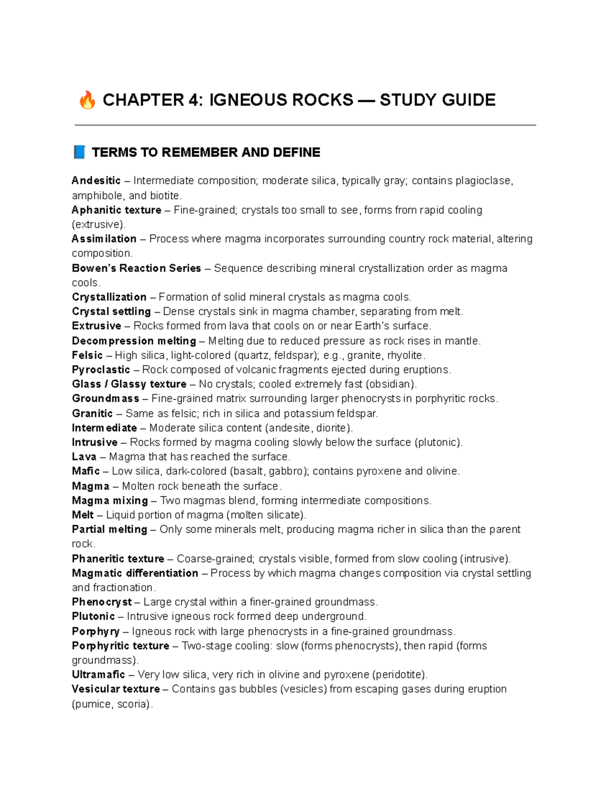 Chapter 4: Igneous Rocks - Key Terms & Concepts Study Guide - Studocu