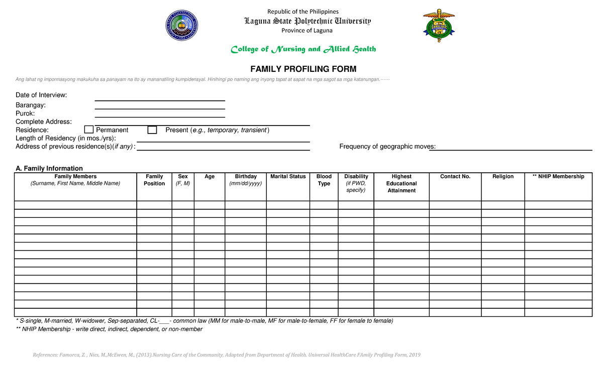 Family Profiling Form - CHN1 Documentation for BVMN - Studocu