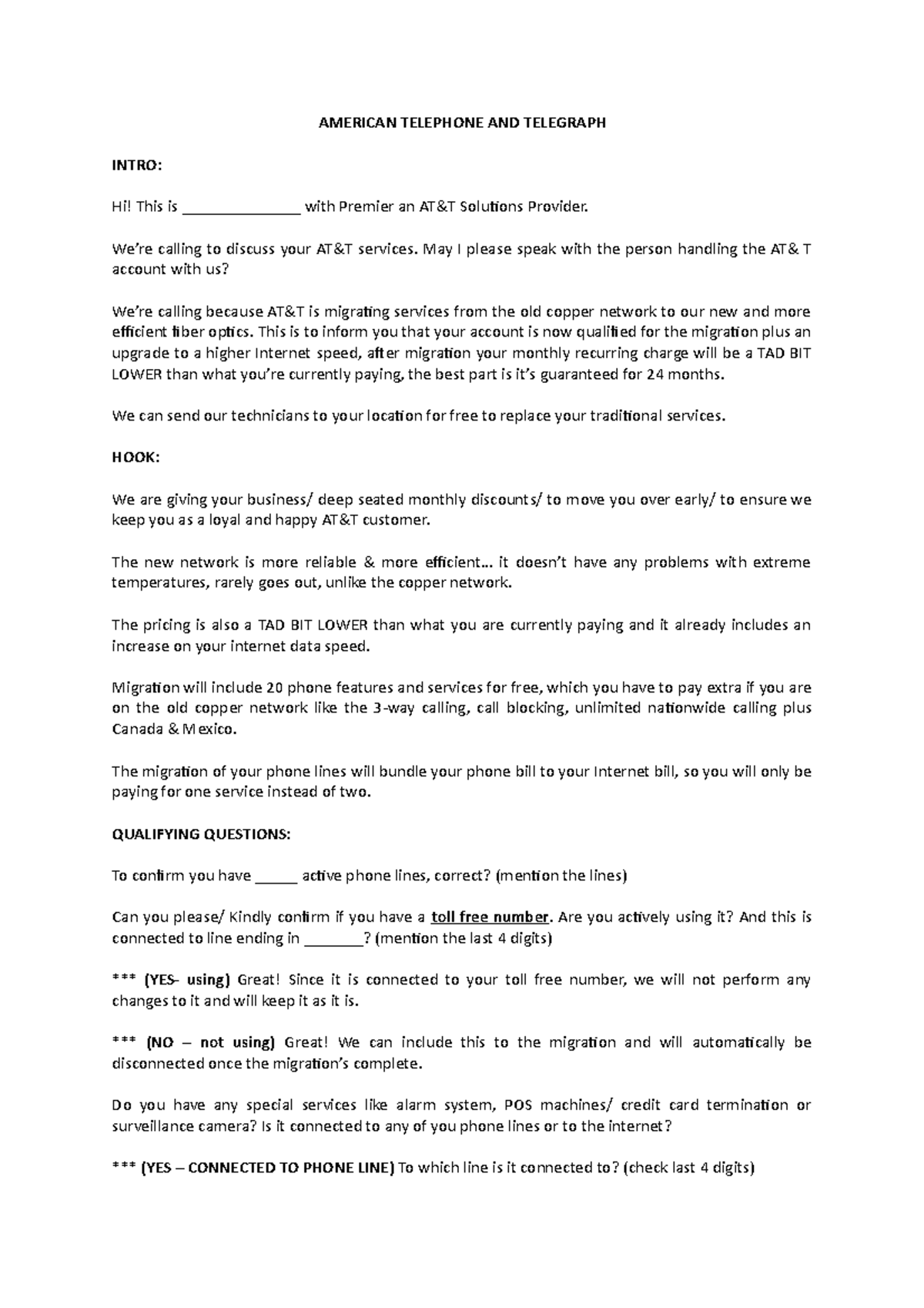 AT & T Script use to practice as call center agent - AMERICAN TELEPHONE ...