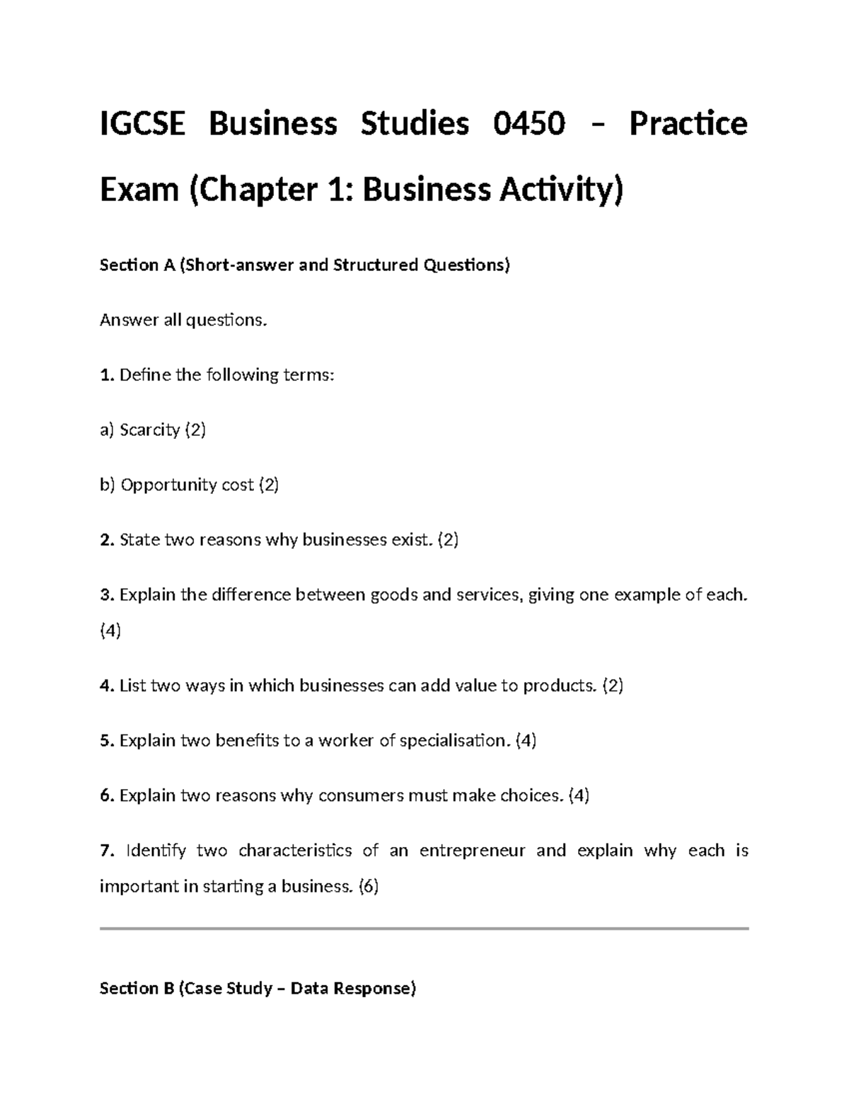IGCSE Business Studies 0450 Chapter 1 Practice Exam & Case Study ...