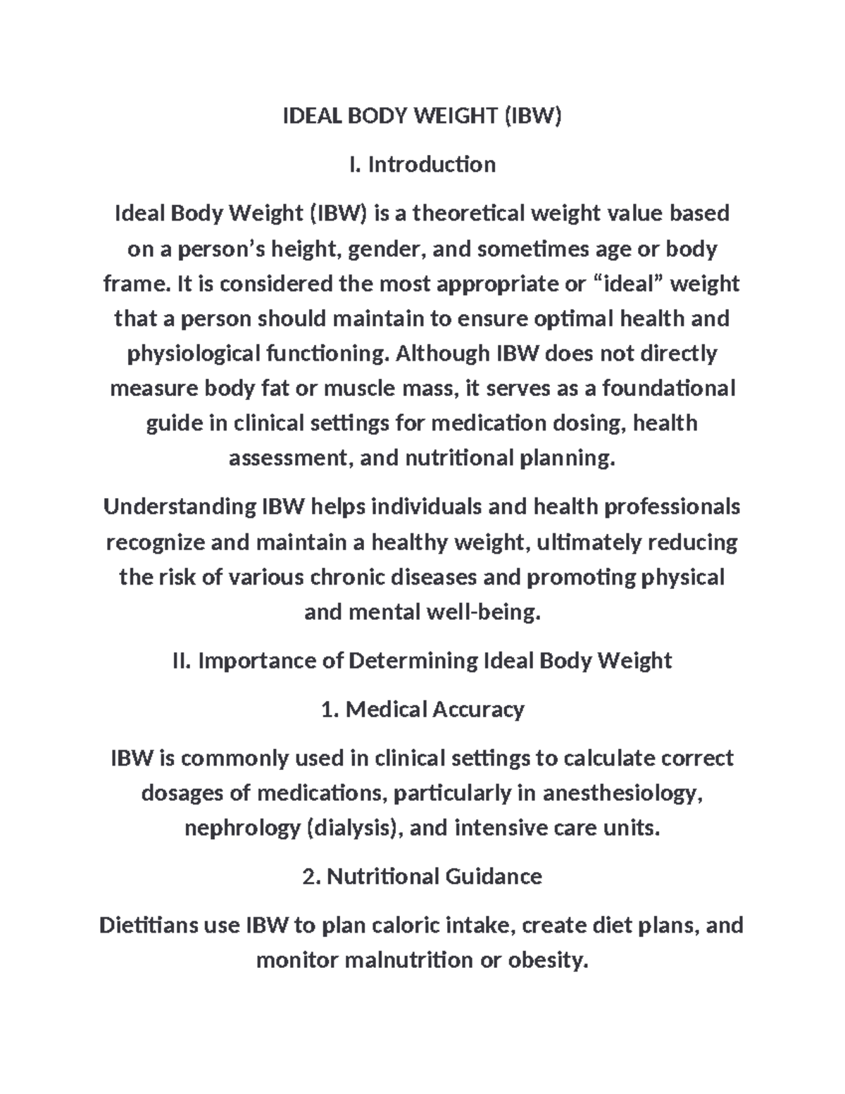 Ideal Body Weight (IBW) Overview and Clinical Importance - Studocu