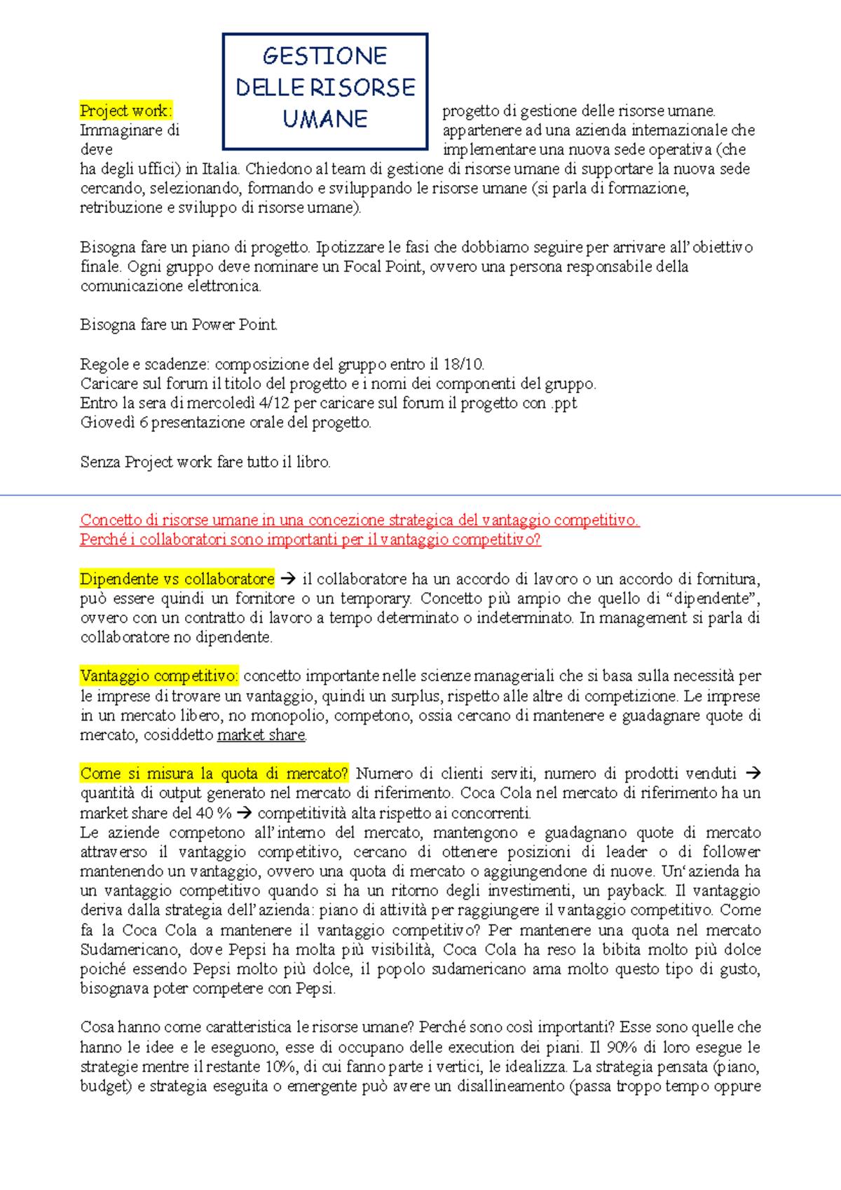 Gestione Delle Risorse Umane - Project work: progetto di gestione delle ...