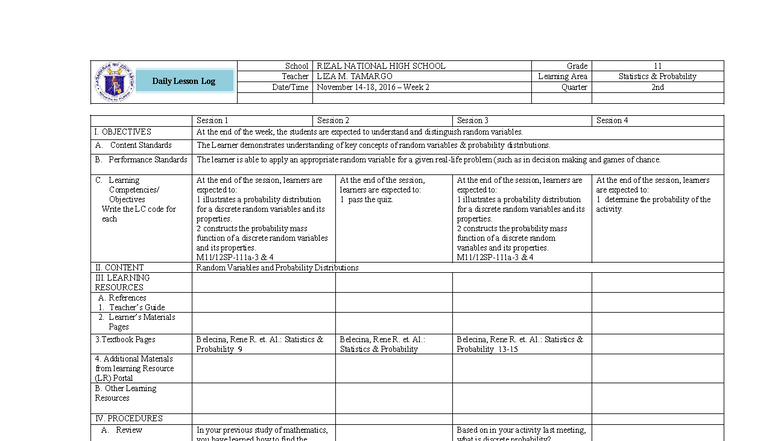 Daily Lesson Log: Statistics Probability Week 2 (Grade 11) - Studocu
