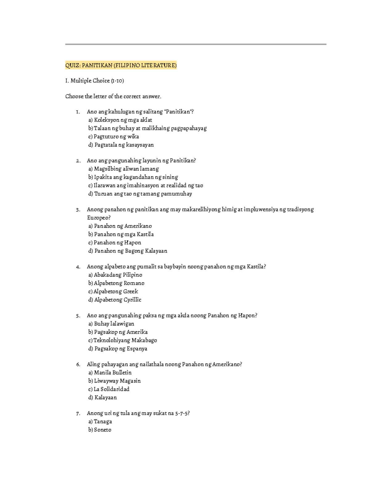 QUIZ: PANITIKAN (FILIPINO LITERATURE) MULTIPLE CHOICE & IDENTIFICATION ...