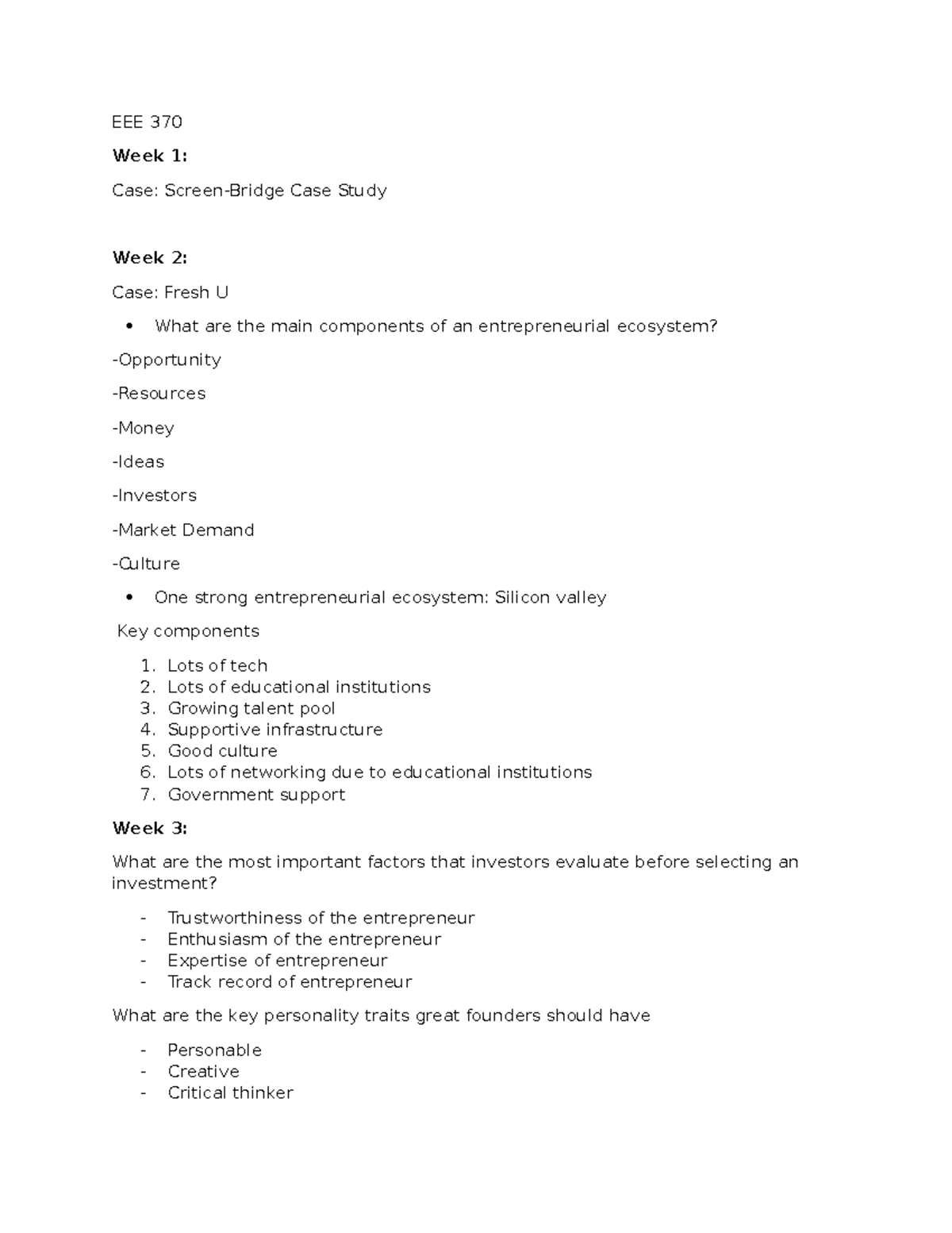 EEE 370 - Week 1 Case Study: Components of Entrepreneurial Ecosystems - Studocu