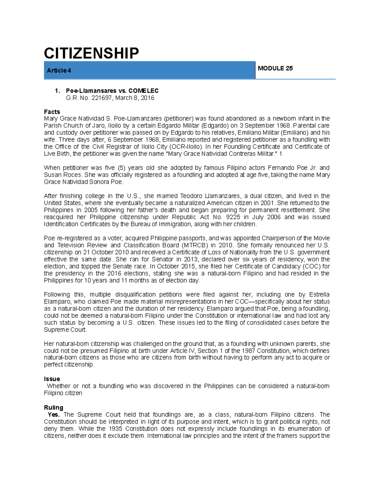 CITIZENSHIP Article 4 MODULE 26: Key Supreme Court Rulings and Analysis ...
