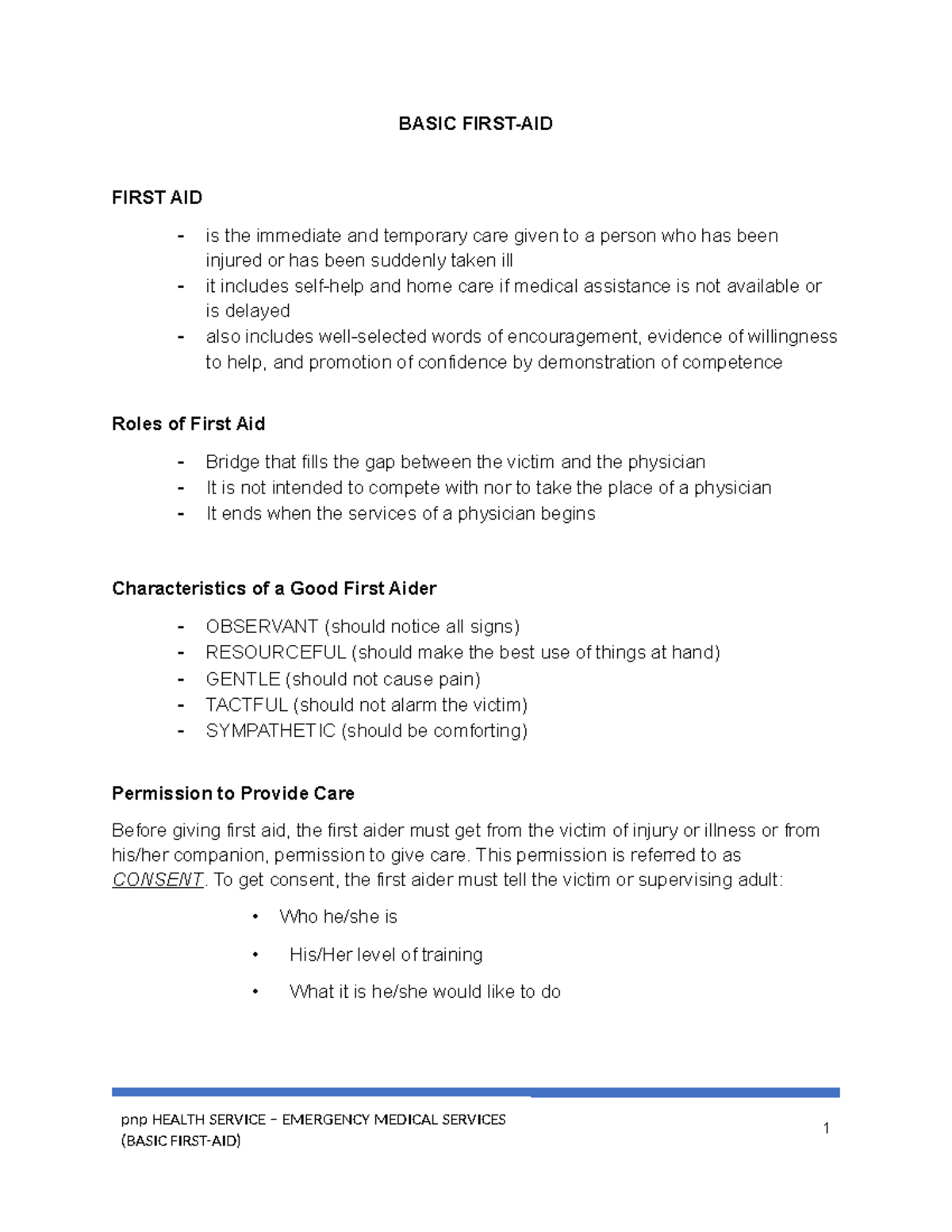 pnp HEALTH SERVICE EMERGENCY MEDICAL SERVICES (BASIC) First Aid Notes ...