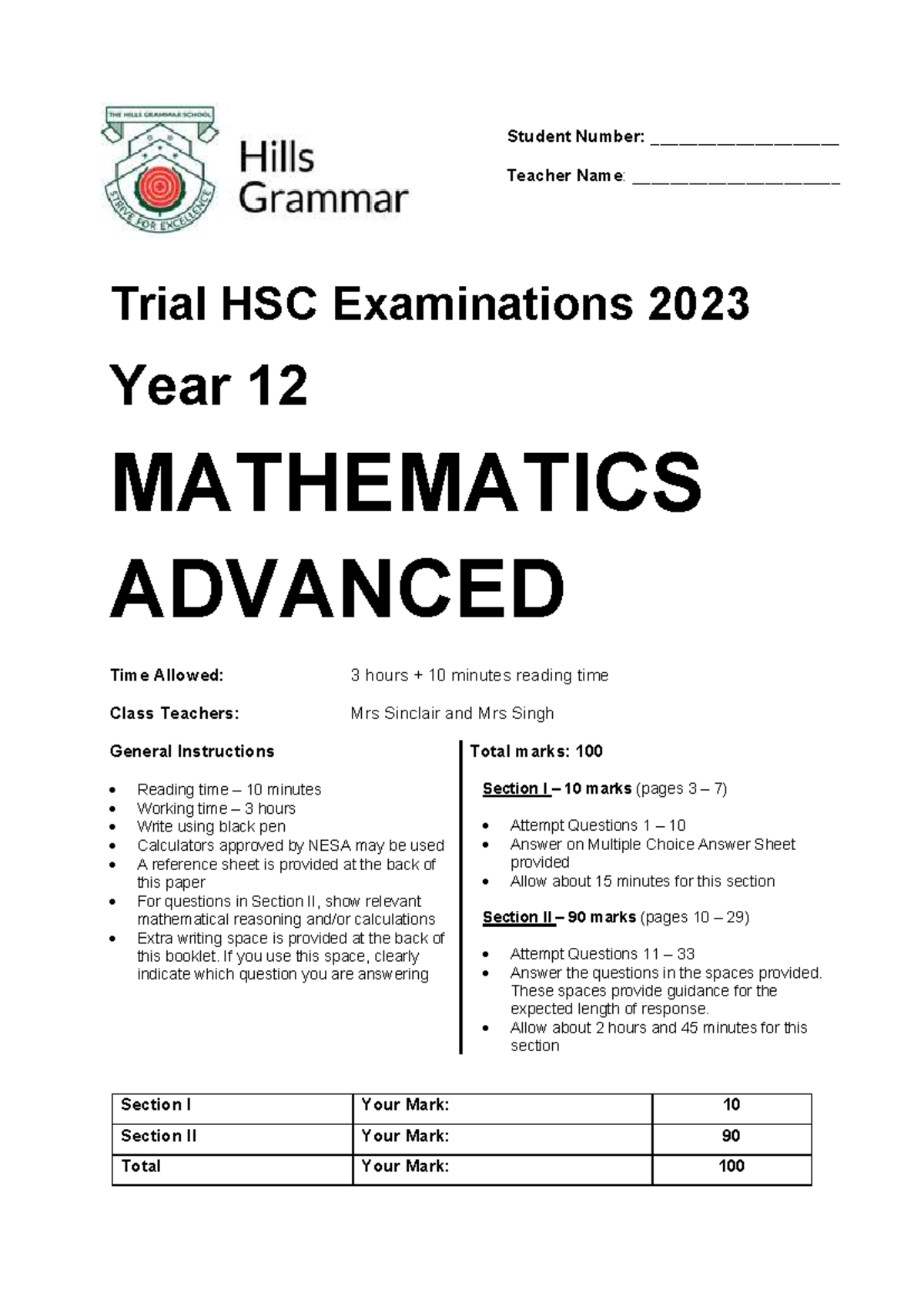 HGS 23 Advanced Trial HSC Mathematics Exam Guide - Studocu
