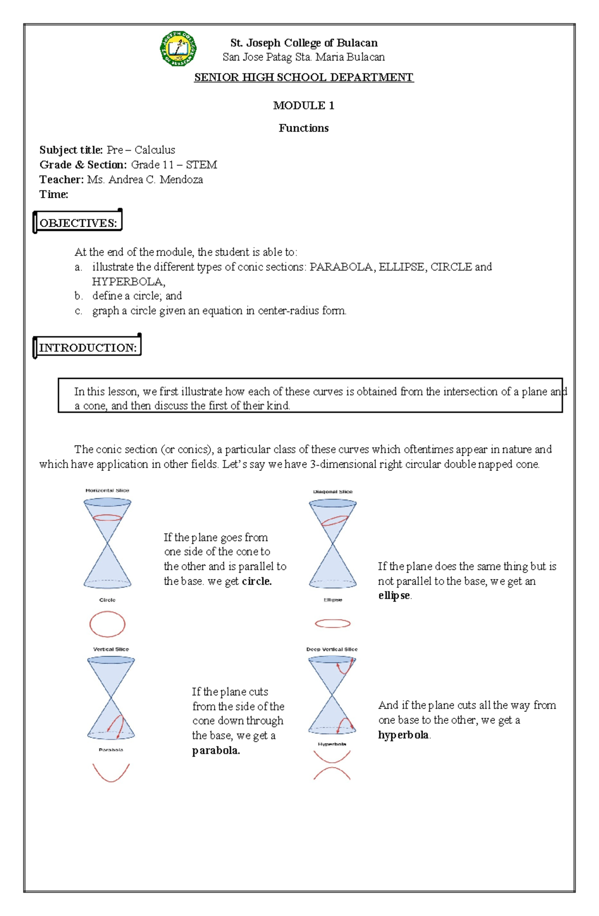 Pre Calculus Module 1: Understanding Conic Sections in Grade 11 STEM ...